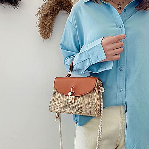 Meyaus Women Mini Lock Decoration Straw Woven Cross-body Shoulder Bag PU Leather Flap Top-handle Bag Handbag