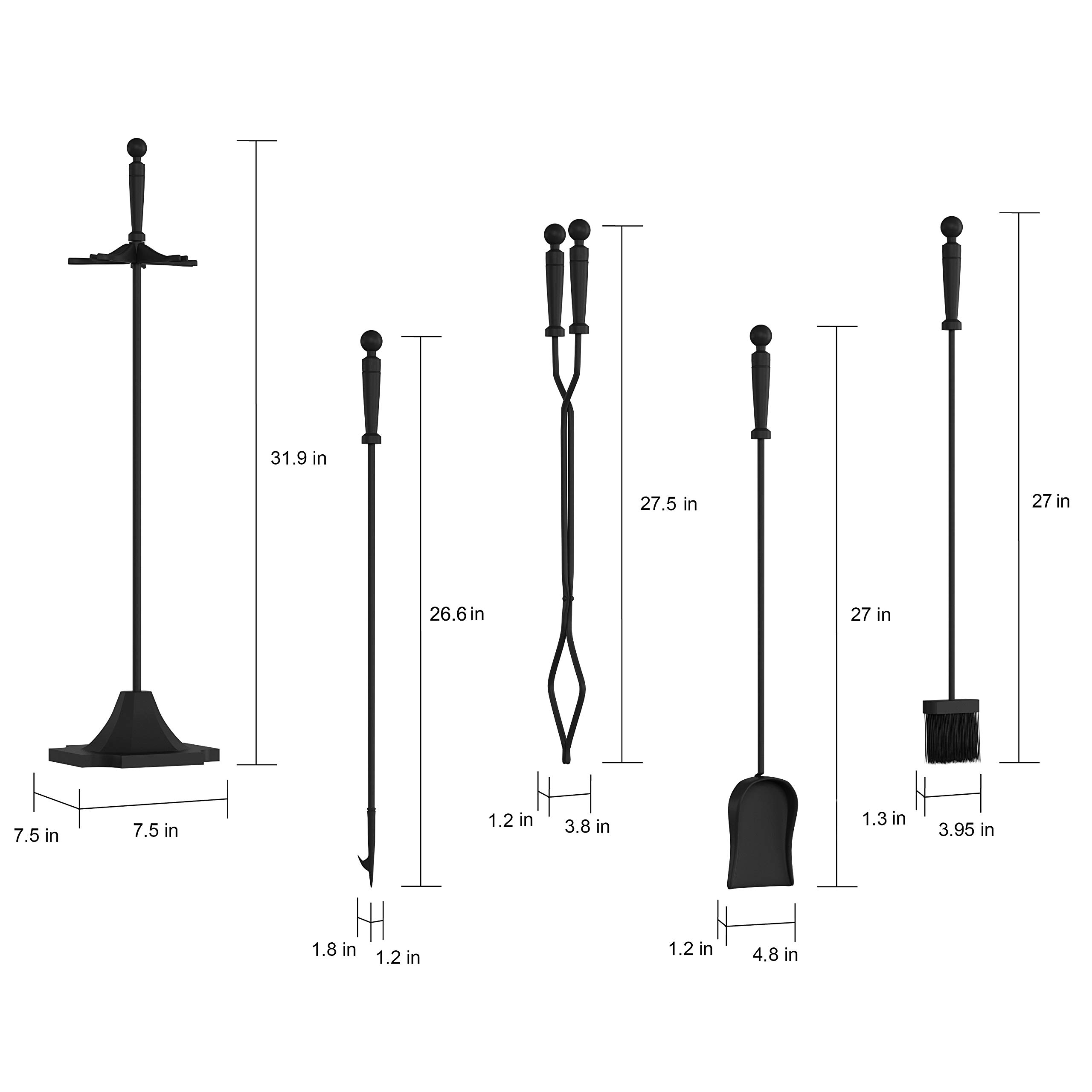 Lavish Home 5-Piece Fireplace Tools Set - Essential Heavy-Duty Accessories for Fireplaces - Includes Tongs, Shovel, Broom, Poker, and Stand