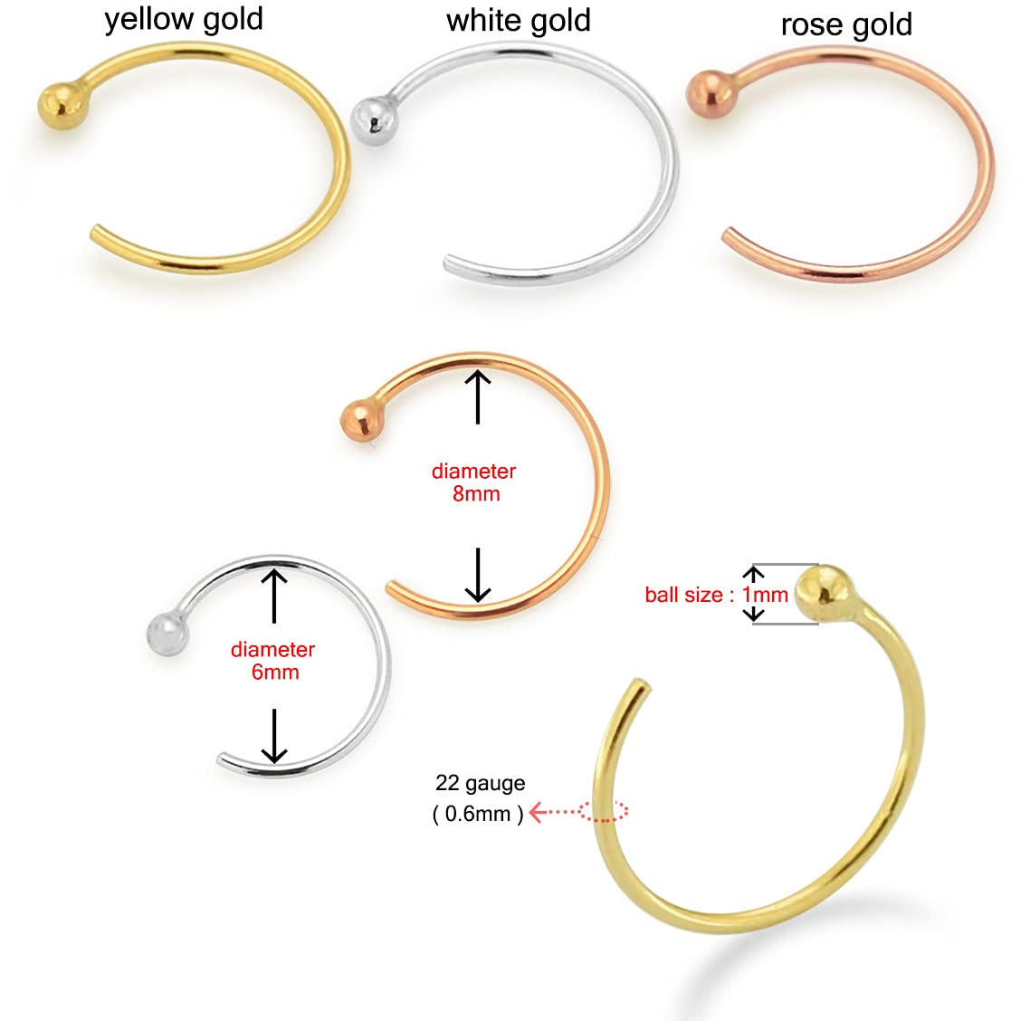 AtoZ Piercing 9KT Solid Yellow Gold 22 Gauge (0.6MM) - 5/16 (8MM) Length Half Nose Hoop Ring Nose Jewelry