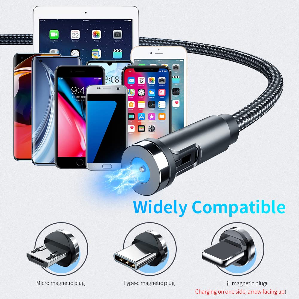 Bojianxin 540° Rotation 3 in 1 Magnetic Charging Cable(7-Pack, 1.6ft/3.3ft/6.6ft/6.6ft/10ft/10ft, Magnet Phone Charger Compatible with Micro USB, Type C Device