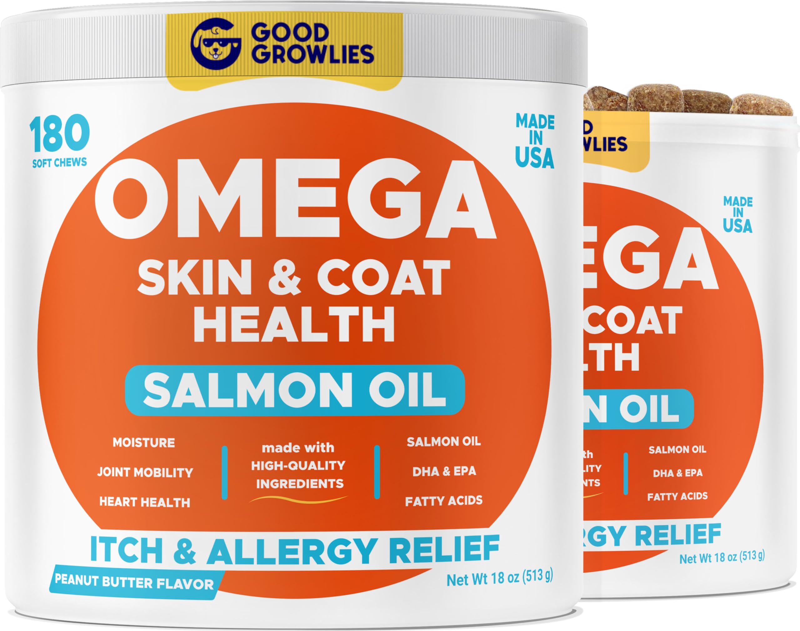 GOODGROWLIES Omega 3 Fish Oil for Dogs (360Ct) - Skin&Coat Chews - Dry & Itchy Skin Relief + Allergy Support - Shiny Coat - EPA&DHA Fatty Acids - Salmon Oil Chews Promotes Heart, Hip & Joint Support