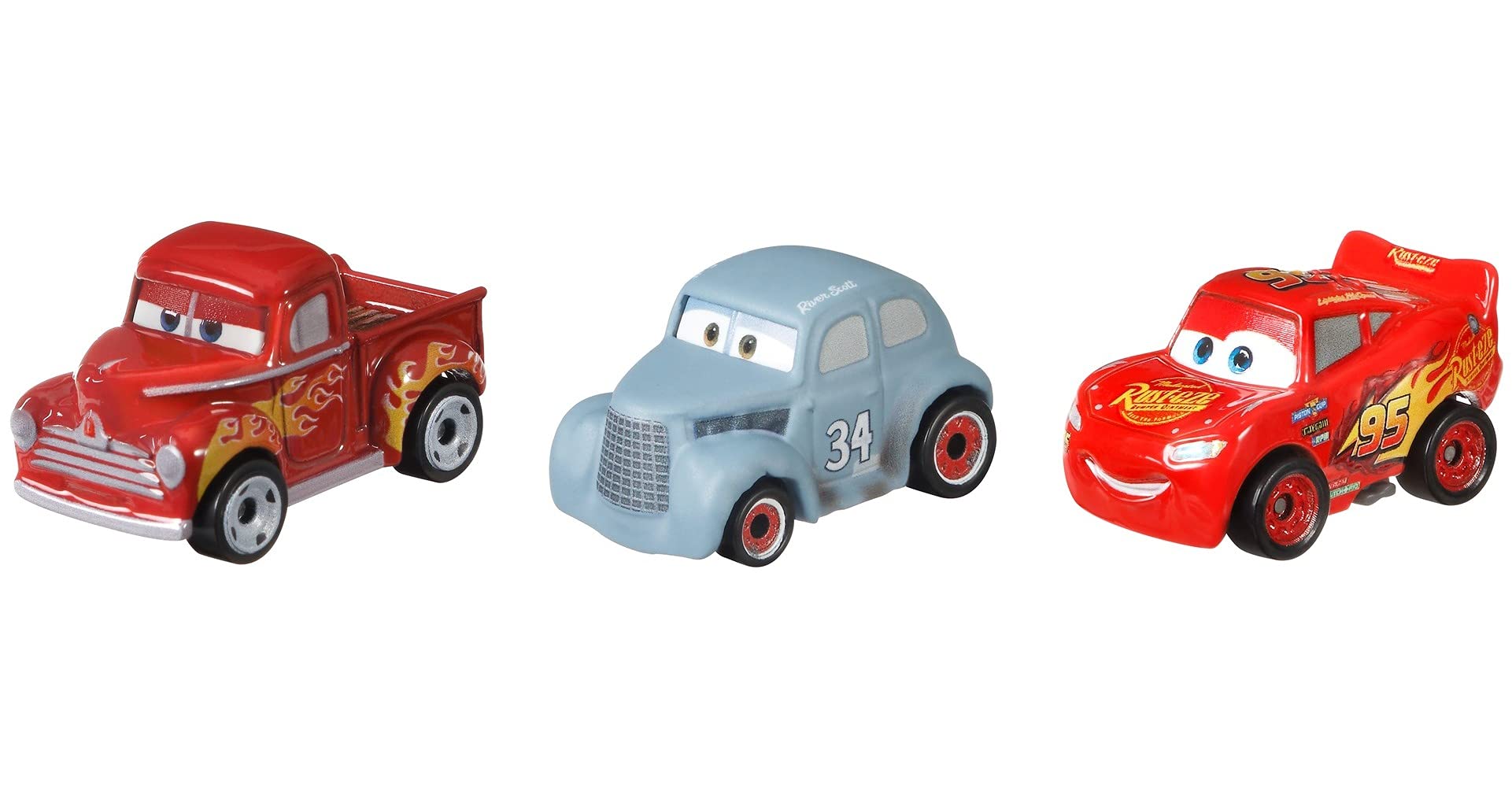 Disney Pixar Cars Mini Racers Pack of 3, [Cotter Pin Series] Hot Rod Smokey, River Scott, and Lightning McQueen