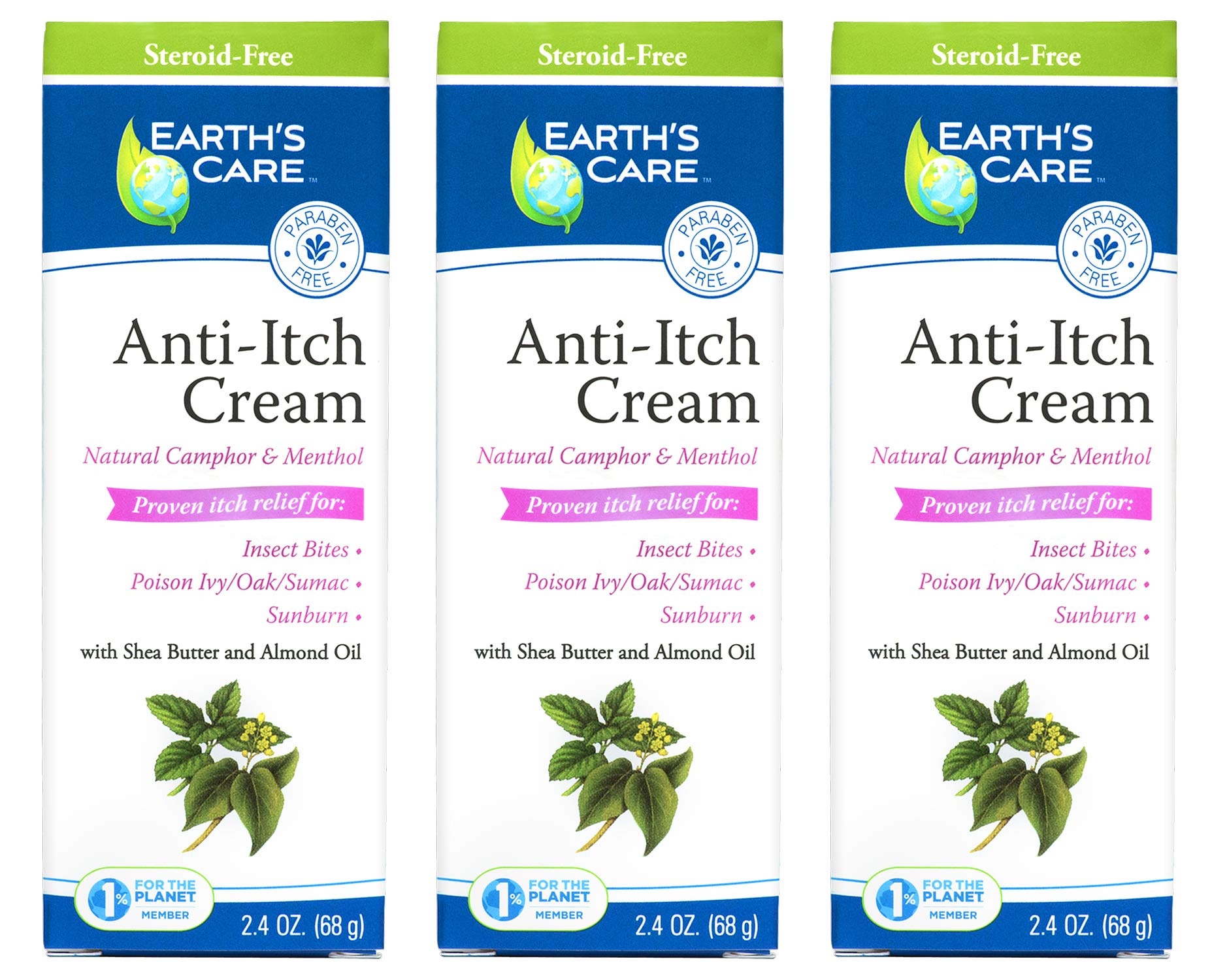 Earth's Care Anti Itch Cream - Extra Strength - Soothes Sunburns, Rashes and Minor Skin Irritation 2.4 OZ (3 Tubes)