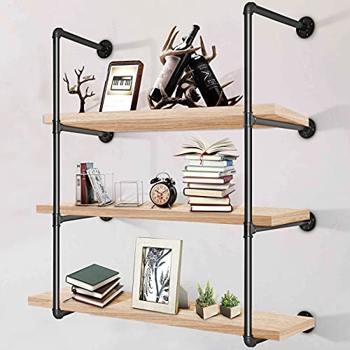 VEVOR Industrial Pipe Shelves 3-Tier Wall Mount Iron Pipe Shelves 2 PCS Pipe Shelving Vintage Black DIY Pipe Bookshelf Each Holds 44lbs Open Kitchen Shelving for Bedroom & Living Room W/Accessories