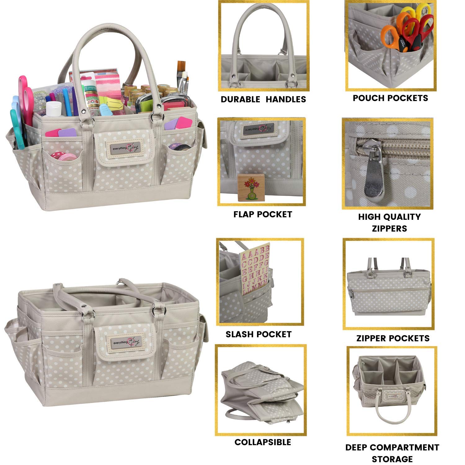 Everything Mary Craft Bag Organizer Tote, Tan Dot - Storage Art Caddy for Sewing & Scrapbooking - Crafts Supply Carrier for Supplies & Tools - Organization for School, Medical, Office