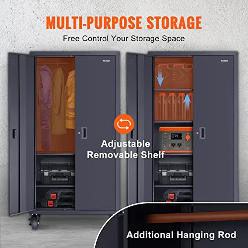 VEVOR Metal Storage Wheels, 200 lbs Load Capacity per Shelf 72'' Tall Powder-Coating Steel Cabinet with 4 Adjustable Shelves, Magnet Doors & Lock, Perfect for Office Home Garage, Black