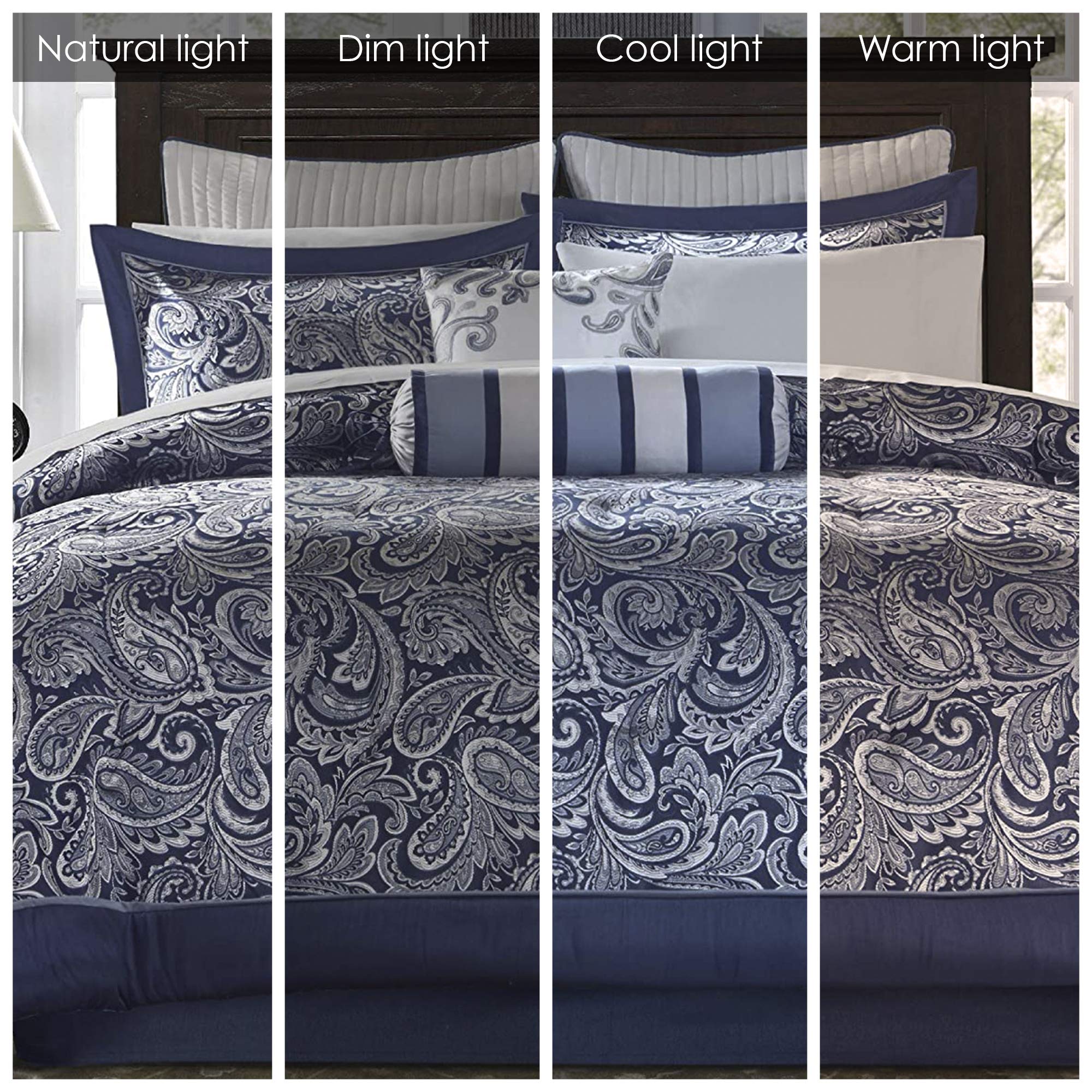 Madison Park Aubrey Bedding and Curtain Set - 12 Piece King Size Navy Blue Paisley Design
