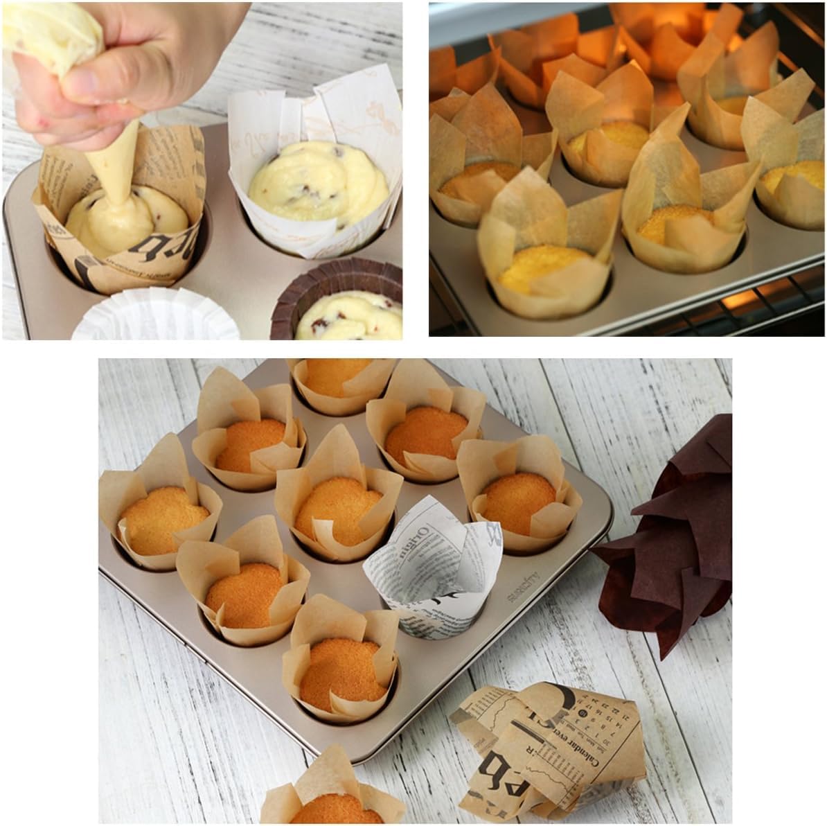 Aunifun 180 Pieces of Tulip Baking Paper Cups Cupcake Muffin Liners Pans Wrappers in 3 Colors, White, Natural, Brown