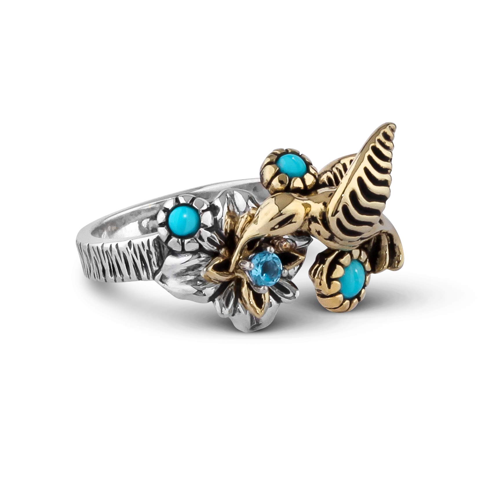 American West Sterling Silver & Mixed Metal Fritz Casuse Turquoise Blue Topaz Hummingbird Ring - Size 6