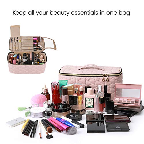 BAGSMART Large Makeup Bag Organizer,Double-Layer Travel Cosmetic Case with Acrylic Mirror,Makeup Train Case with Adjustable Dividers Women Cosmetics Makeup Brushes Toiletries