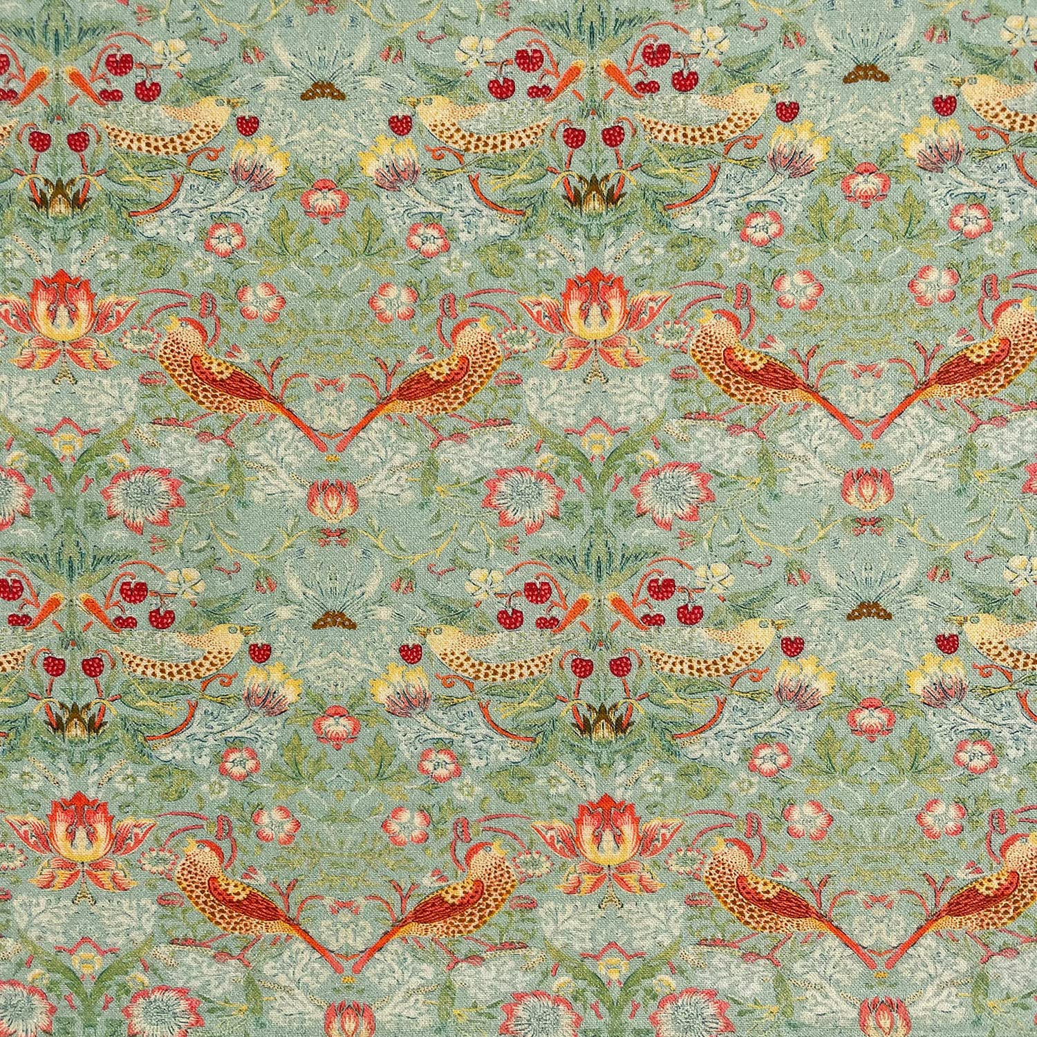 Cotton Fabric - William Morris Strawberry Thief Duck Egg Blue Green Taupe- Floral & Bird Print - Craft Fabric Material Metre