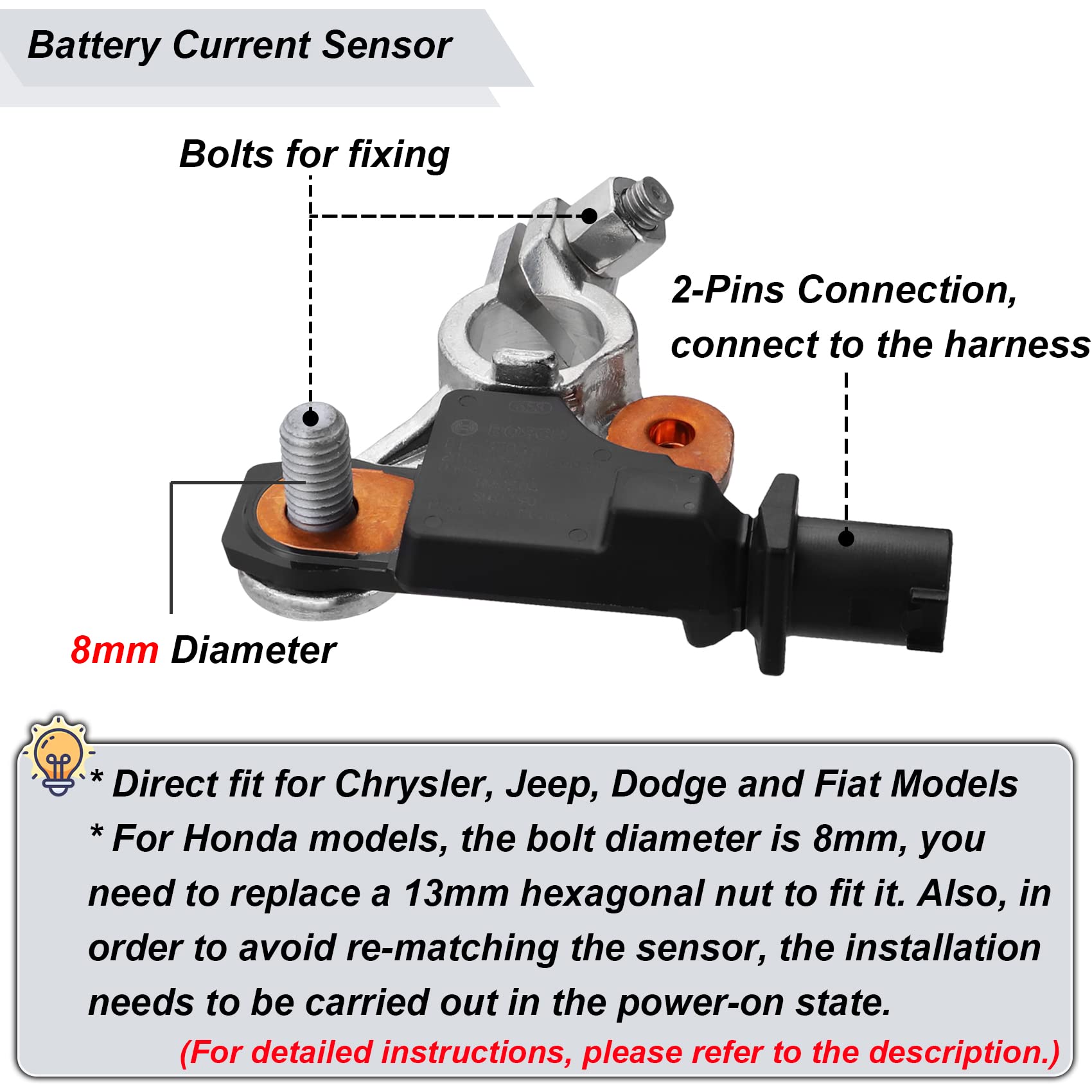 Battery Current Sensor Compatible with jeep chrysler dodge fiat & honda civic cr-v 2012-2015 2.4L, Battery Voltage Temperature Sensor Replacement Part, Replaces Number # 38920-TR0-A02# 4692269AI