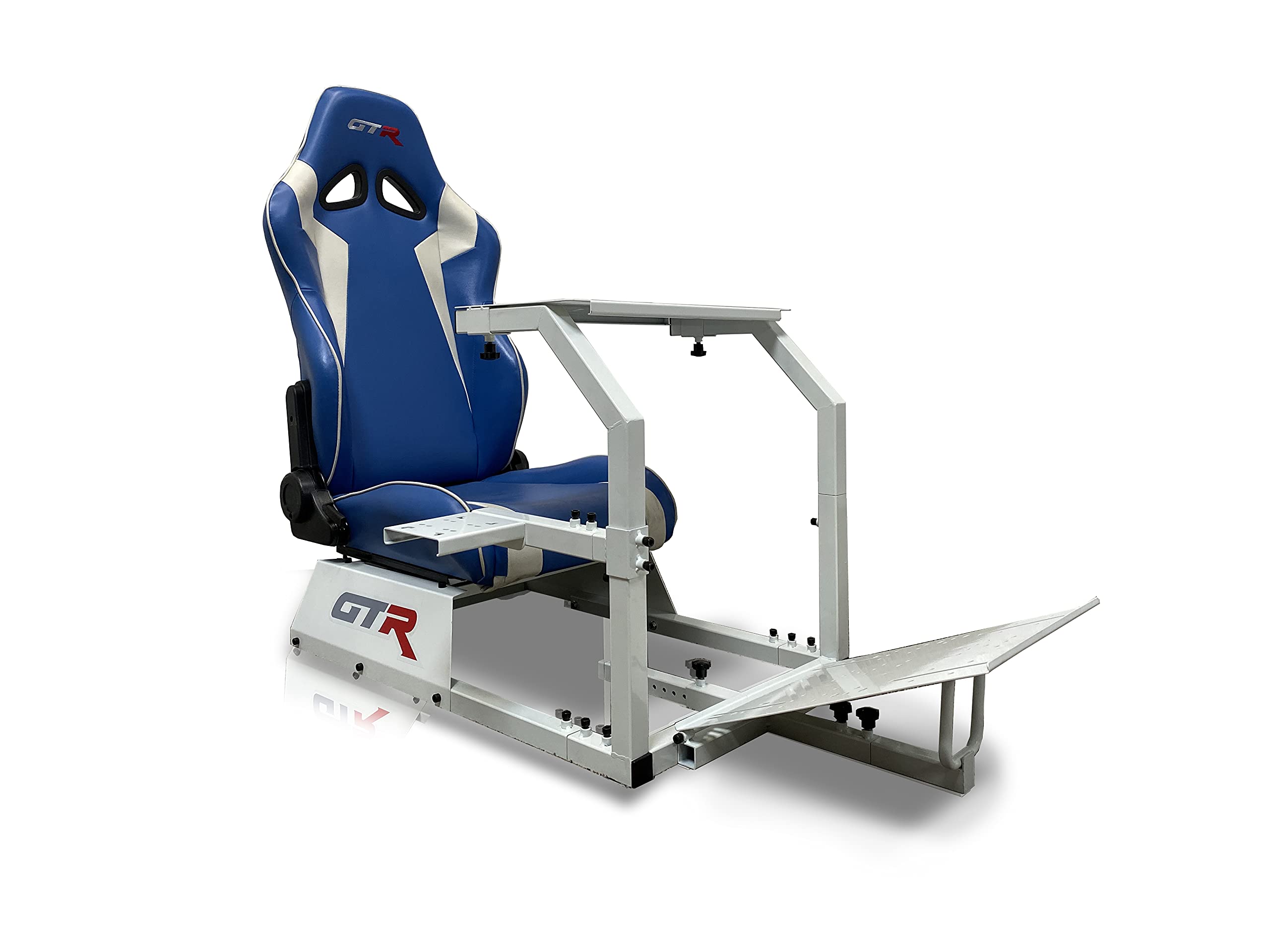 GTR Simulator GTA Model White Frame with Adjustable Blue White Leatherette Racing Seat Racing Driving Gaming Simulator Cockpit Chair