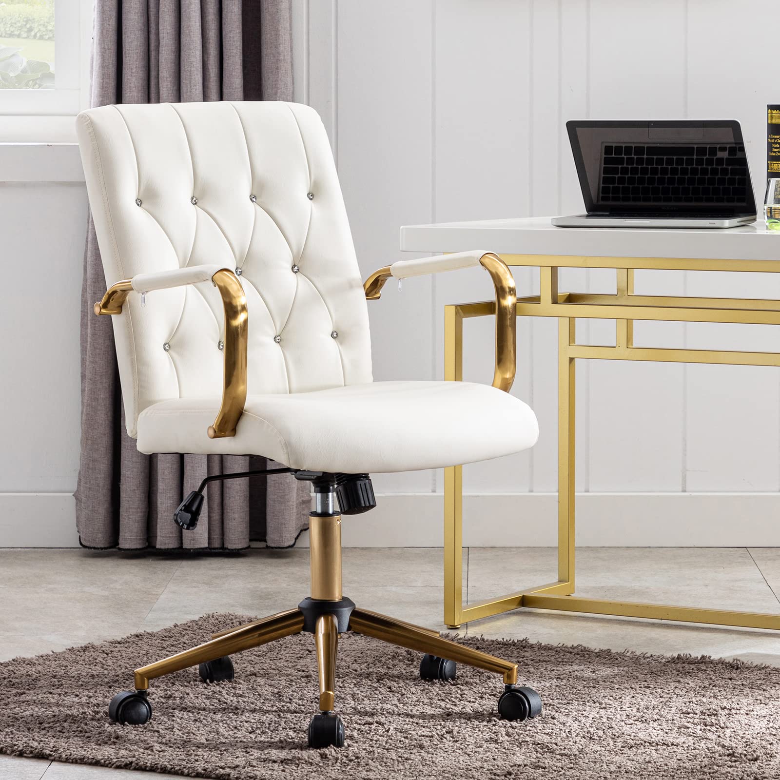 DUHOME PU Leather Home Office Desk Chairs, Modern Gold Task Chair with Wheels for Office, Swivel Adjustable Computer Chair with Armrest and Gold Base White