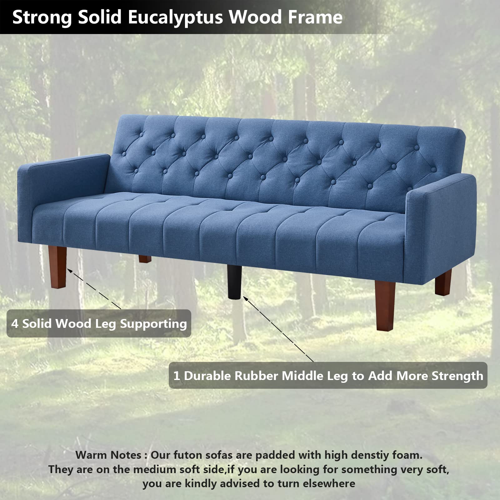 mikibama Tufted Linen Futon Sofa Couch Bed for Living Room Convertible Fabric Blue Upholstered Sleeper Futon Guest Bed Twin Size with Solid Wood Legs for Small Spaces