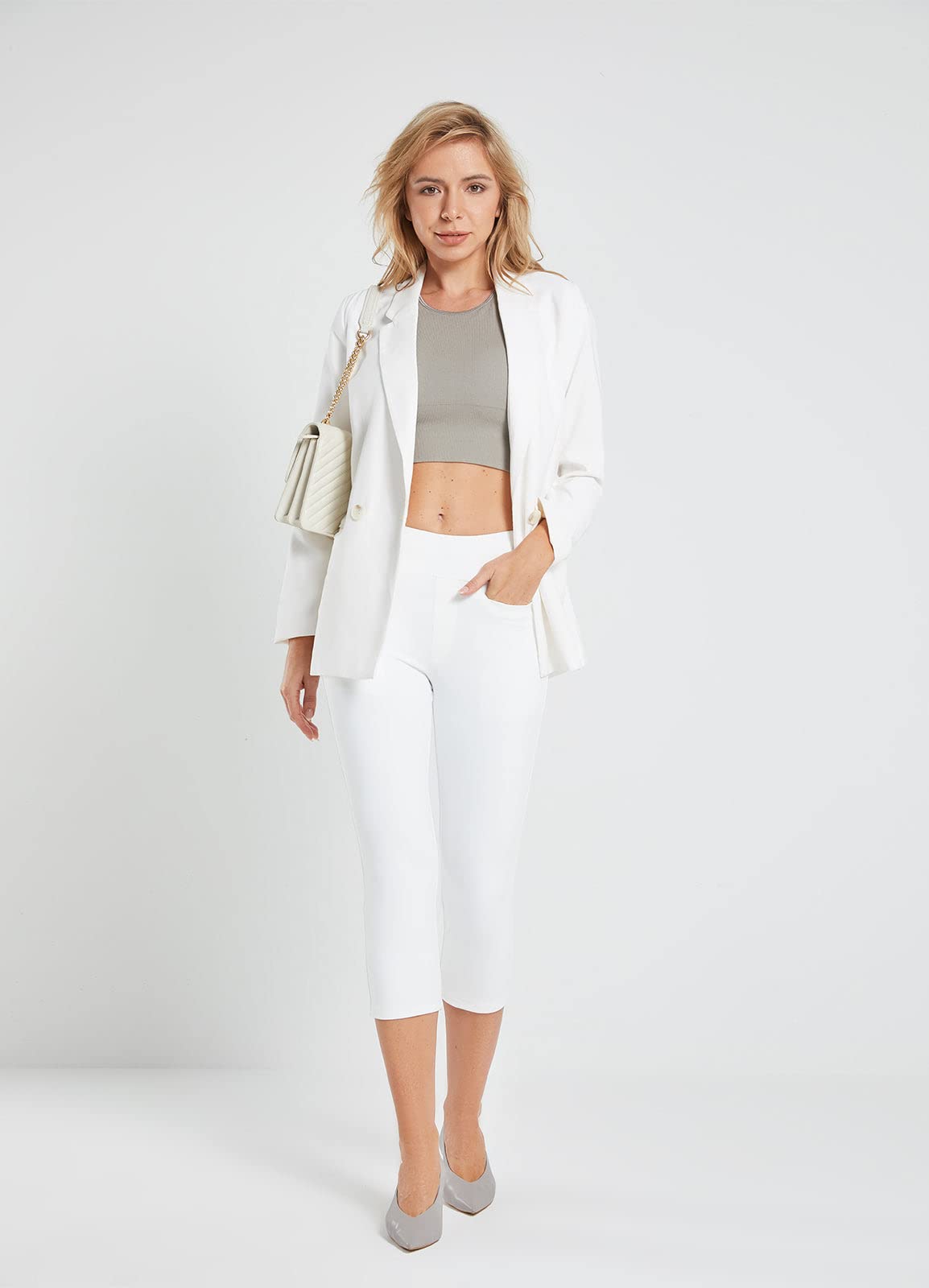 BALEAF Jeggings for Women Capri Pants Casual Summer Pull On Yoga Dress Capris Work Athletic Golf Crop Pants with Pockets White L
