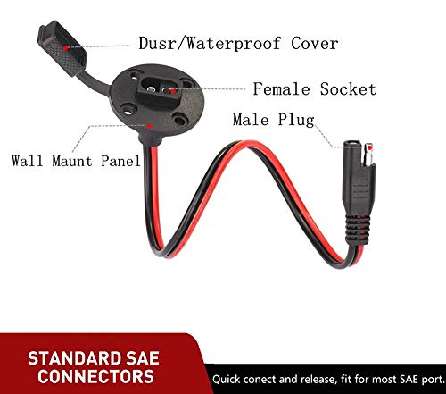 Bolloo SAE Power Socket Sidewall Port, Weatherproof SAE Quick Connect Solar Panel Mount Universal Flush-Mountable Connector, 16AWG SAE Cable with 4 Screws for Solar Generator Battery Charge (2 Pack)