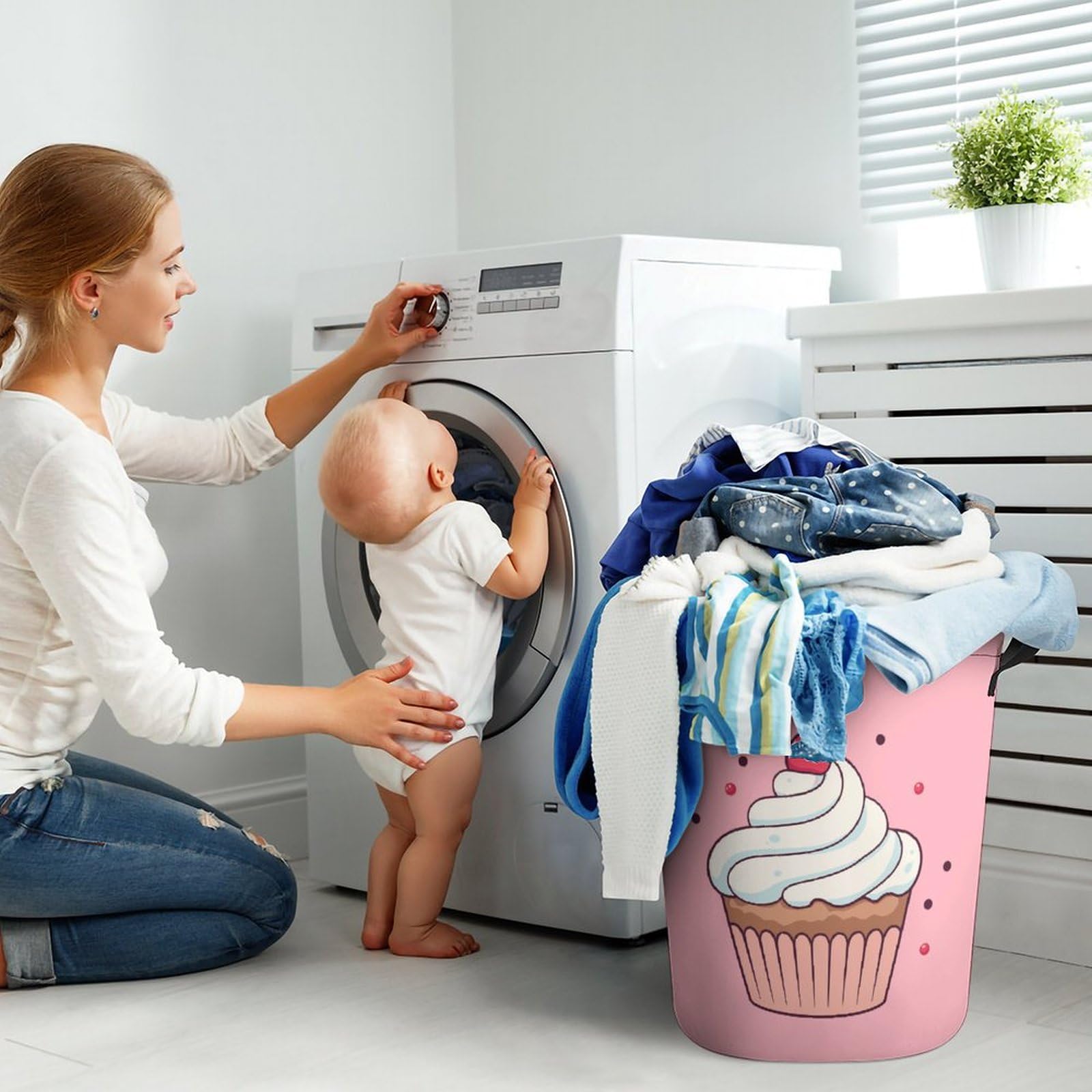 Cartoon Cup Cake Laundry Hamper with Handles Collapsible Storage Basket Laundry Basket One Size