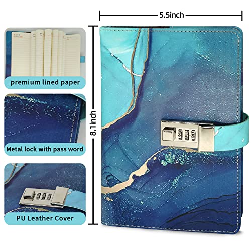 Diary with Lock for Girls and Women 240 Pages Adorezyp Notebook for Girls ages 8-12 - Kids Journals for Writing, Self-Expression & Creativity– Journal with Lock Includes Leather Journal Notebook, Combination Lock (Blue)