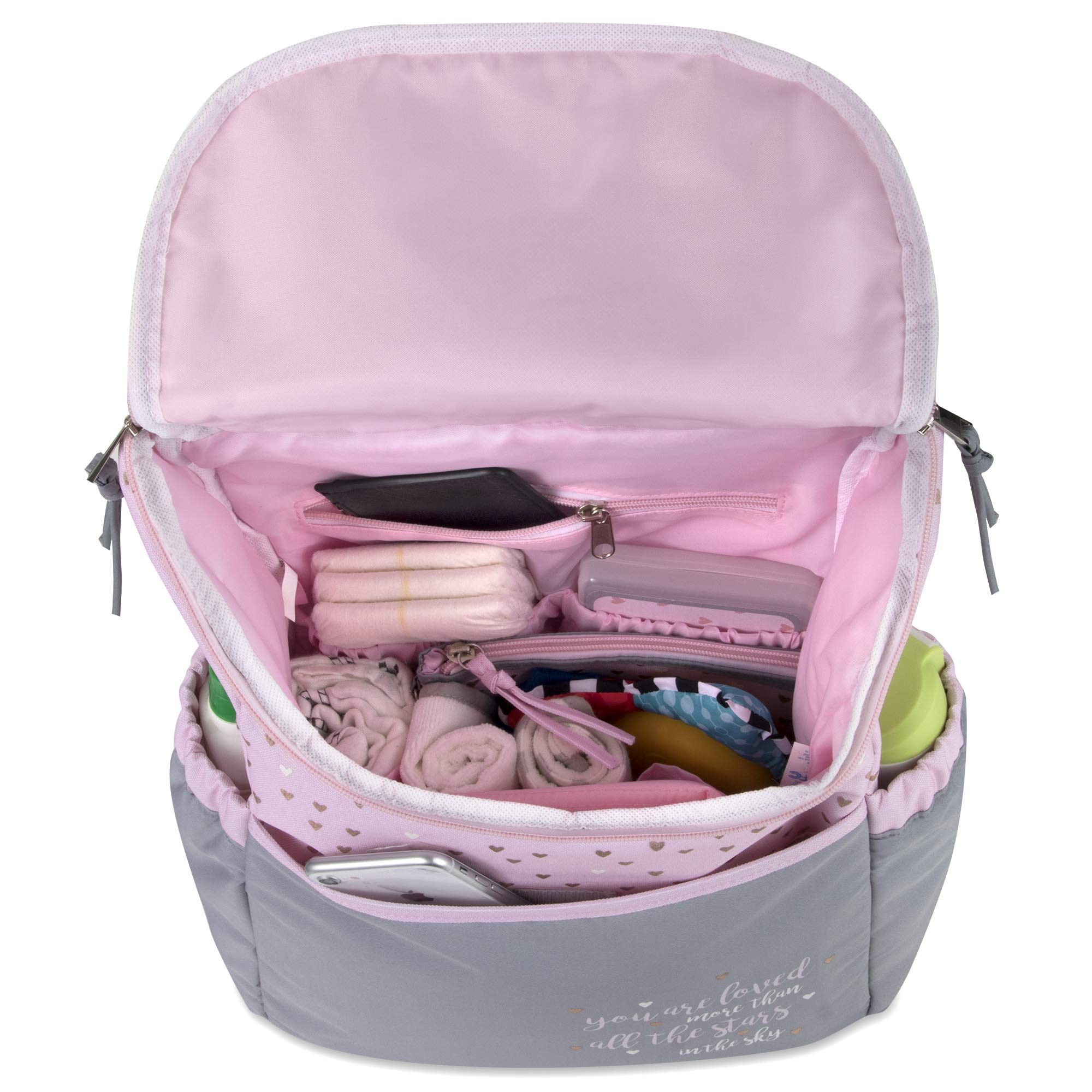 Baby Essentials Diaper Bag Backpack 5 Piece Set with Sun, Moon, and Stars, Wipes Pocket, Stroller Straps, Dirty Diaper Pouch, Changing Pad (Grey/Pink Backpack)
