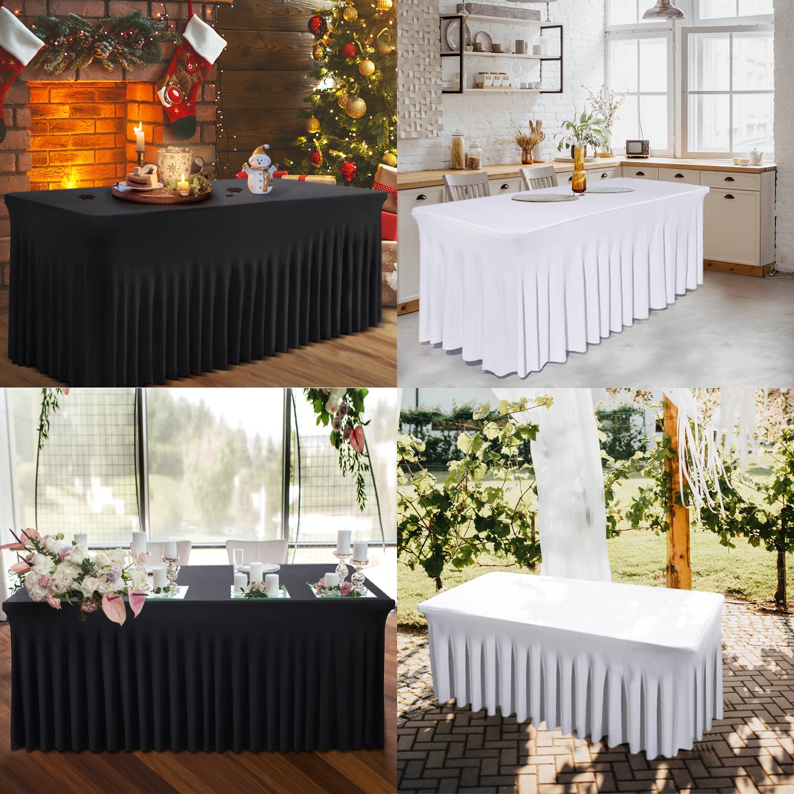 BDDC Table Skirts for Rectangle Tables 6ft - One-Piece Black Table Covers for 6 Foot Tables, Wrinkle Resistant Ruffles Elastic Table Cover and Table Skirt for Banquets, Weddings, Parties