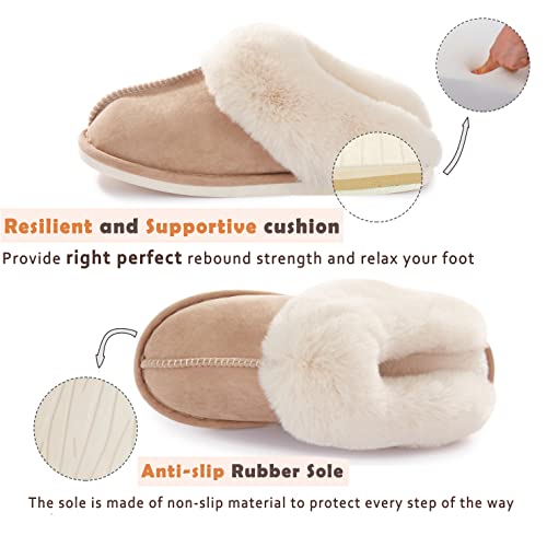 Donpapa Womens Slipper Memory Foam Fluffy Soft Warm Slip On House Slippers,Anti-Skid Cozy Plush for Indoor Outdoor Tan 8.5-9