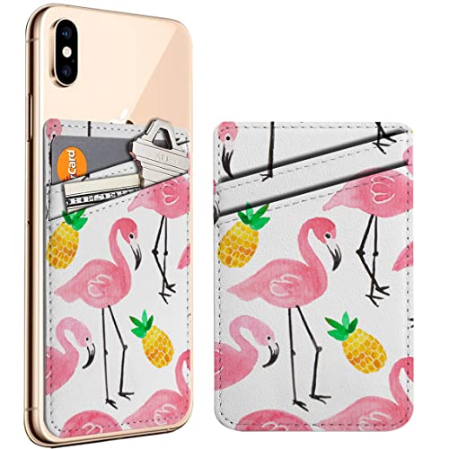 Diascia Pack of 2 - Cellphone Stick on Leather Cardholder ( Watercolor Pink Ink Flamingo Yellow Pattern Pattern ) ID Credit Card Pouch Wallet Pocket Sleeve