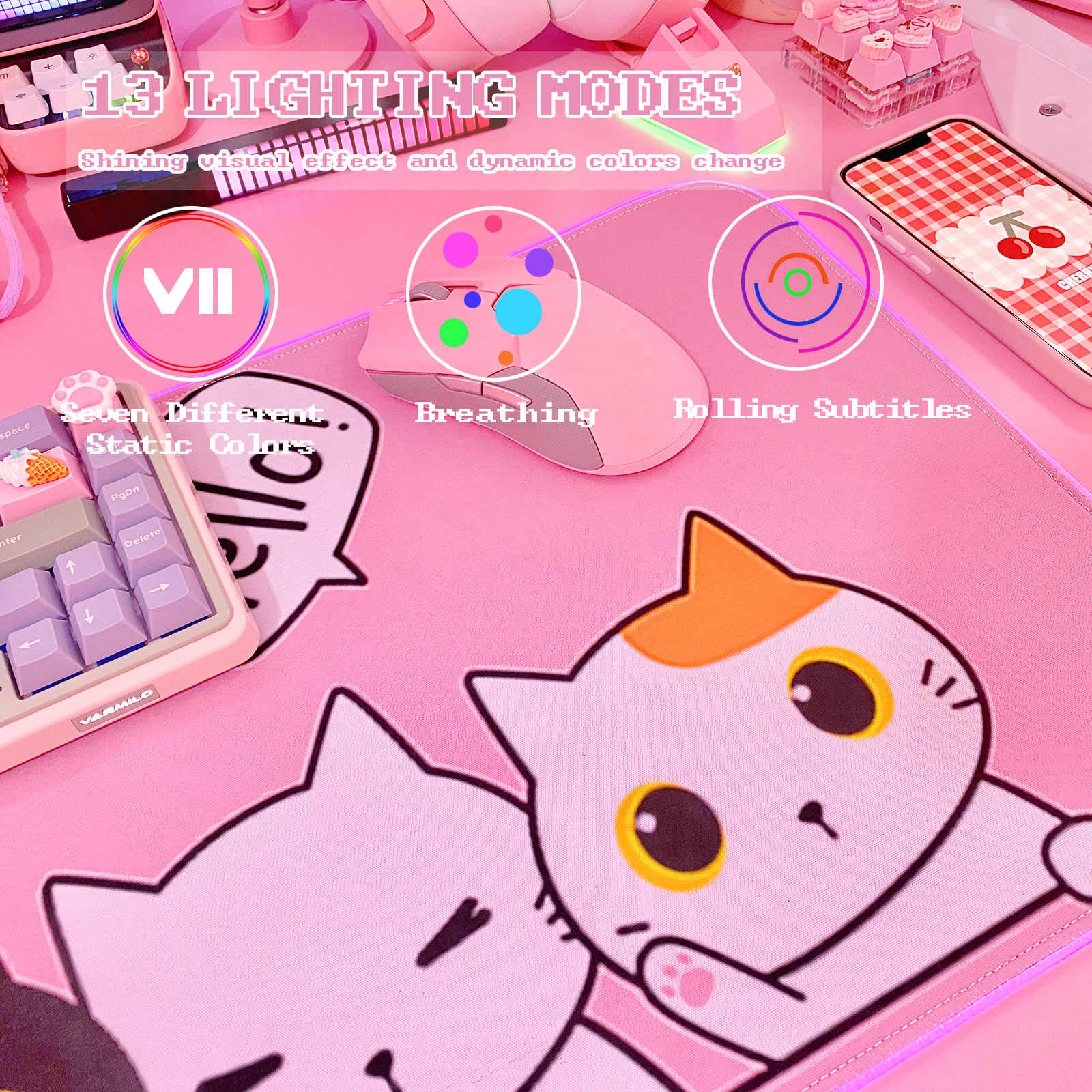 Pink Kawaii Cat RGB Gaming Mouse Pad 31.5x12 Inch PC XL Large Extended Glowing Led Light Up Cool Mouse pad Desk Pad Non-Slip Rubber Jmiyav Computer Mouse Pad Cute Mousepad Mat 31.5x12 Inch