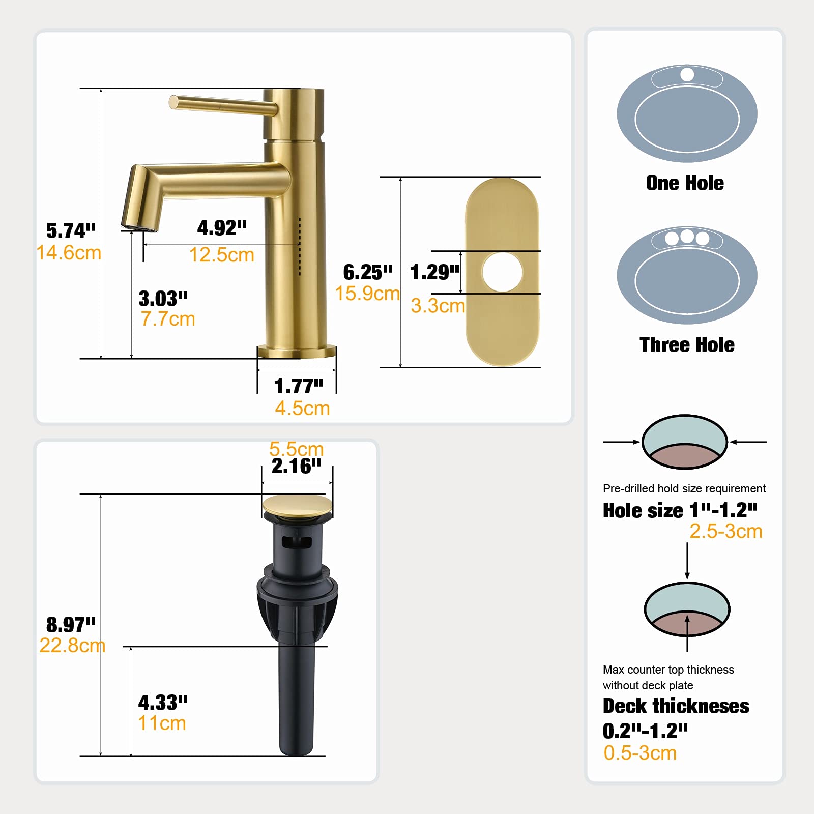 Brushed Gold Bathroom Faucet with Plastic Pop Up Drain, 6.25'' Metal Escutcheon and Supply Lines, Single Handle Stainless Basin Mixer Tap, Modern Bathroom Sink Faucet for 1 or 3 Hole Vanity Sink