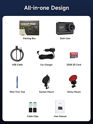 Dash Cam, FHD 1080P WiFi Dash Camera for Cars with 32GB SD Card, 2.45 inch IPS Screen, 2 Mounting Ways, Night Vision, WDR, Accident Lock, Loop Recording, Parking Monitor