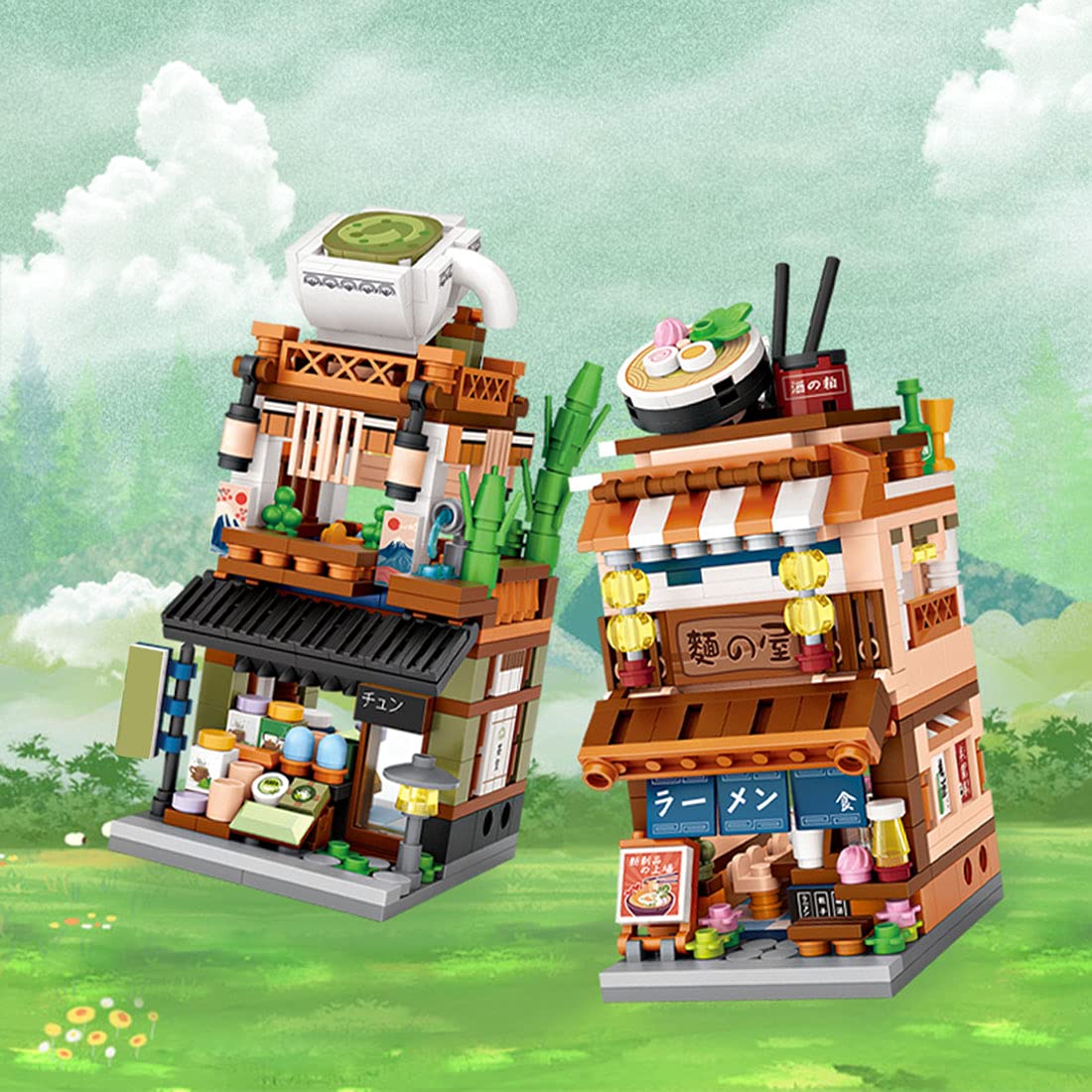 PHYNEDI Goshfun 379Pcs Japanese Street View Matcha Shop Bricks Model Set, MOC DIY Building Block Assembly Mini Particle Construction Toy (Not Compatible with Small Particle Bricks)