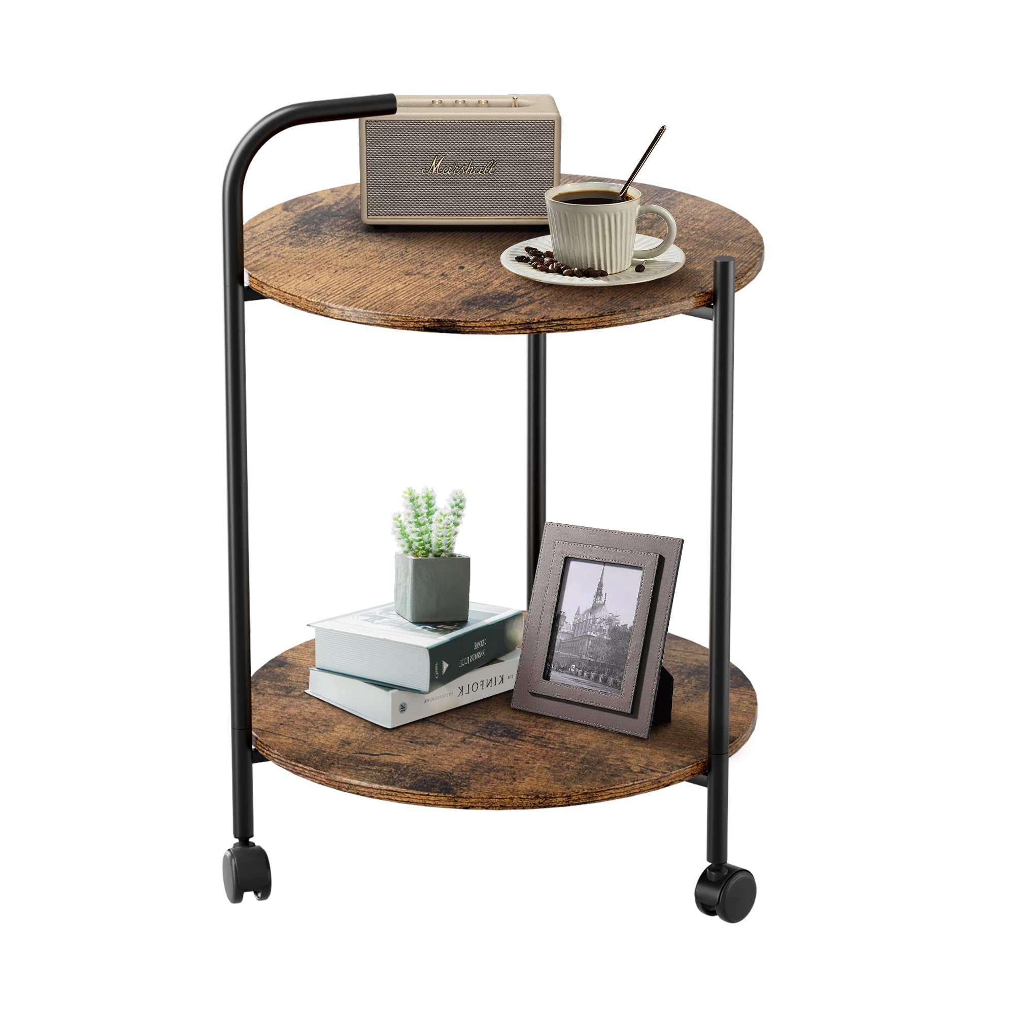Bavelye 2-Tier Round Side Table, Modern Wooden Small Sofa Coffee End Tables Indoor Outdoor with Lockable Wheels Portable Bedside Table for Living Room, Kitchen,Dark Brown.