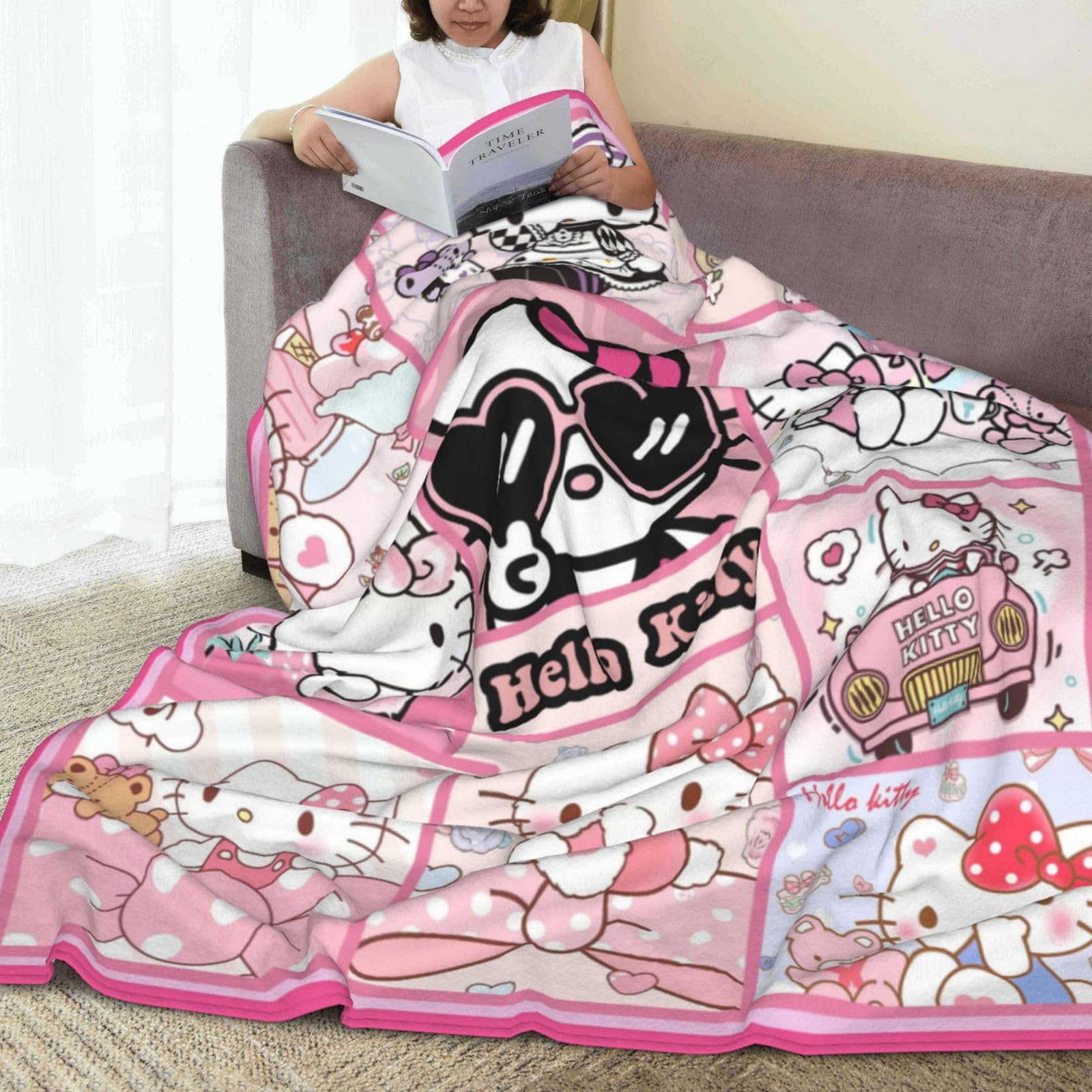 Cartoon Hello Cat Cute Blanket for Girls Ultra-Soft Cozy Flannel Fleece Throw Blankets for Sofa Bed 50"X40"