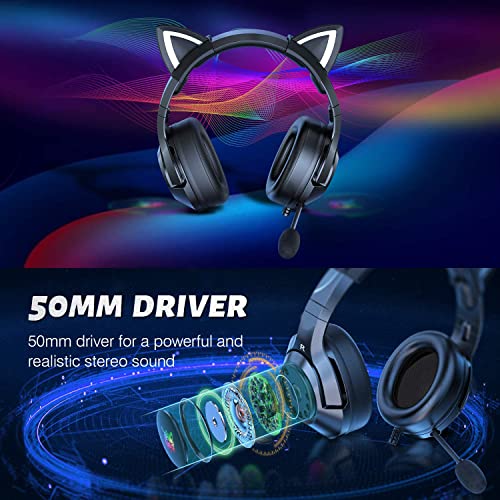 AJIJAR Gaming Headset with Removable Cat Ears, Compatible with PC PS4 PS5 Xbox One(Adapter Not Included) Mobile Phones, with Surround Sound, RGB Backlight & Noise Canceling Retractable Microphone