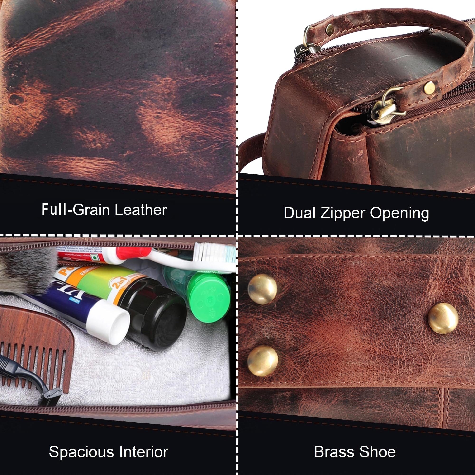 RUSTIC TOWN Leather Toiletry Bag for Men - Hygiene Organizer Travel Dopp Kit (Walnut Brown)