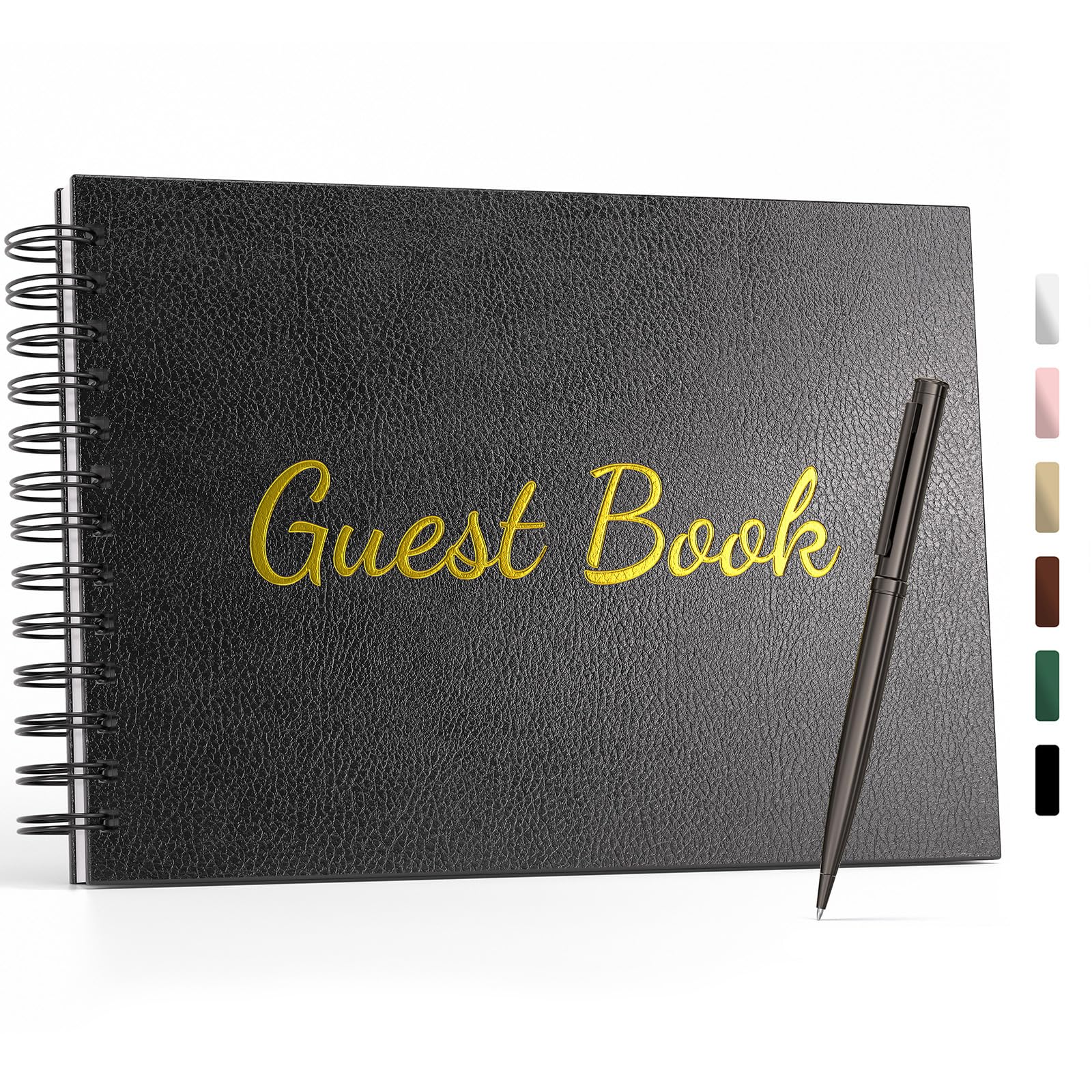 WEMATE Guest Book, Leather Memorial Guestbook,Suitable for Funeral,Graduation and Special Events,Polaroid Guest Book with A Pen,136 Blank&Lined Pages for Sign in and Photos 7"x10″ (Black)