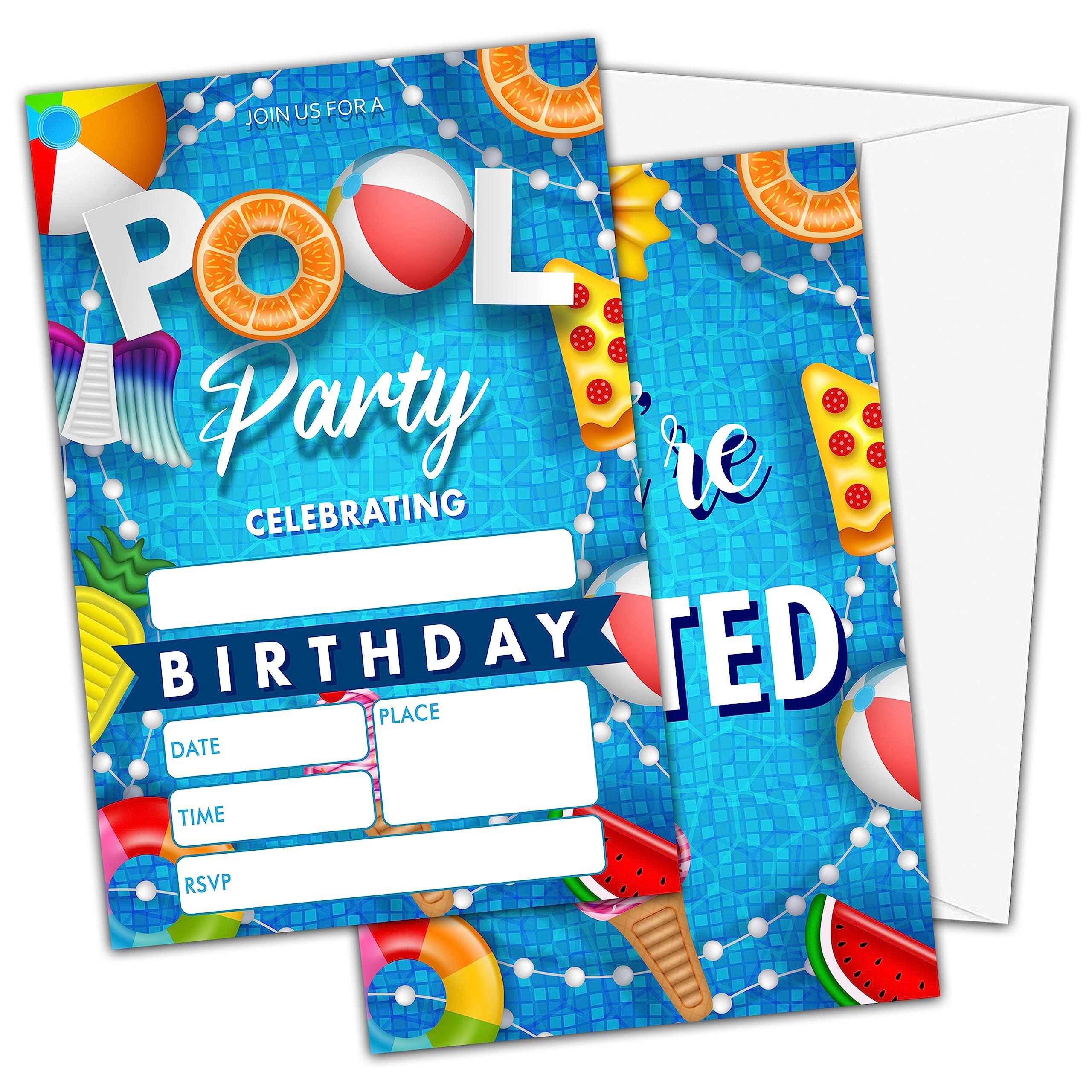 TIRYWT Pool Party Birthday Invitations with Envelopes(20-Pack), 4"x6" Fill-In Style Summer Swimming Pool Birthday Party Invites -A01