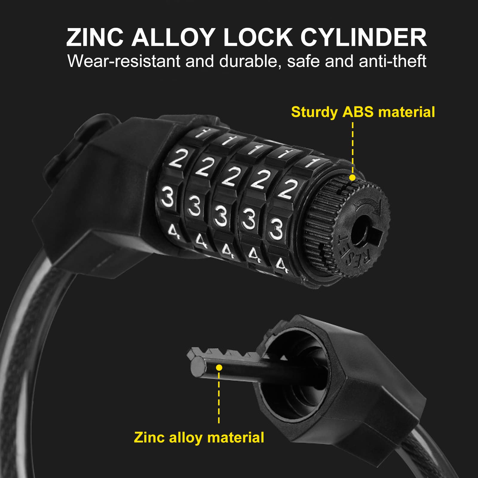 Bike Lock Cable - Strong Durable Bicycle Lock 4 Feet Portable Heavy Duty Anti Theft Cable Locks 5 Digit Combination Cable Bike Lock with Holder Easy to Use Suitable for Bicycles(Black)