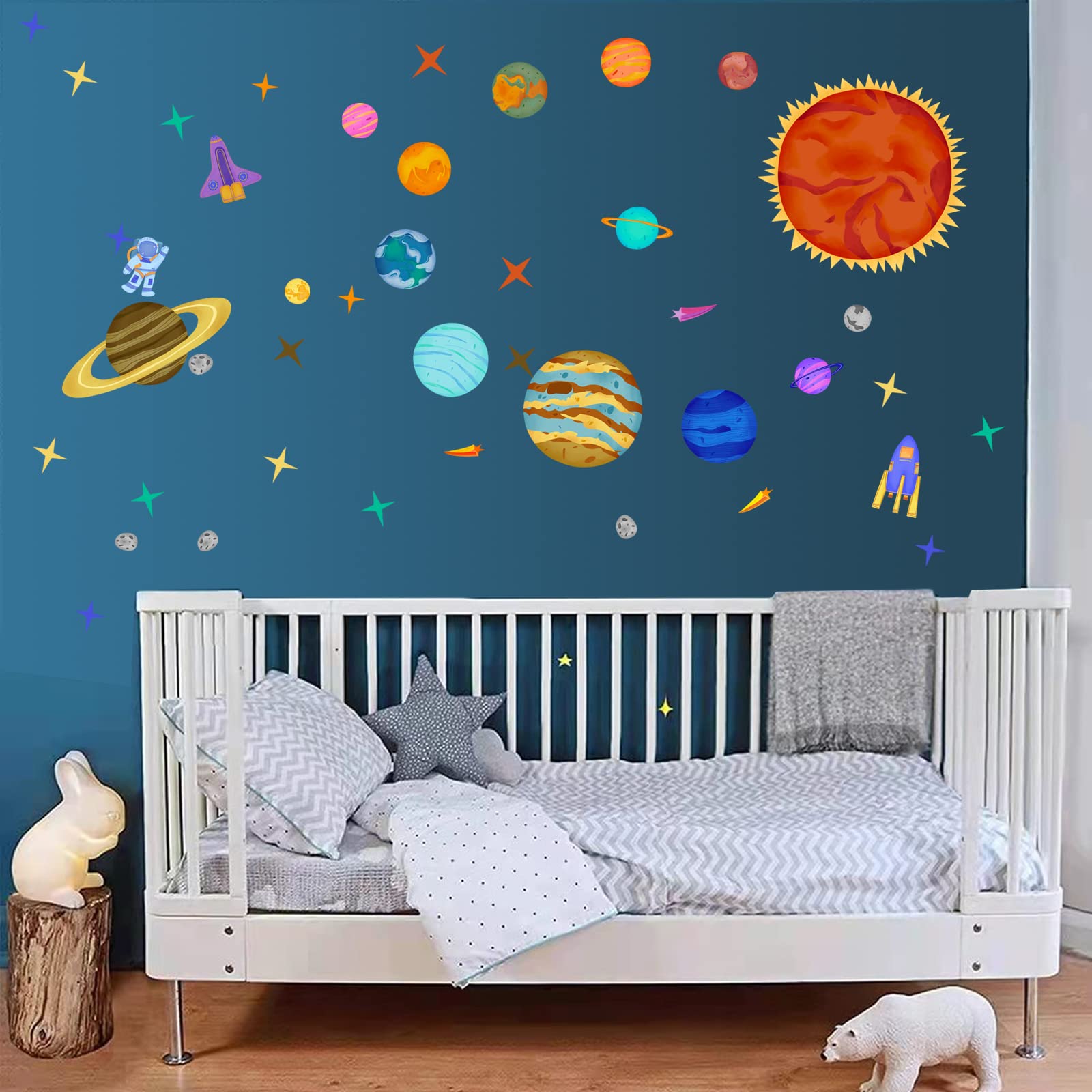 Planets in Space Wall Stickers, Solar System Wall Decals for Boys, Spaceship Stars Nursery Bedroom Playroom Wall Decor, Space Explorer Peel & Stick Wall Mural for Kids Toddler Classroom Decoration