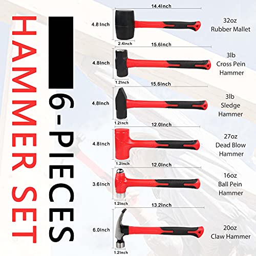 C&T 6-Piece Hammer Set, Fiberglass Handle & Mallet Set, With Shock Reduction Grip, Metal Working | Garage Home Kit | Mechanic Tools | Sledge Hammer | blacksmith Hammer | Ball Peen Hammers | Hand Tools
