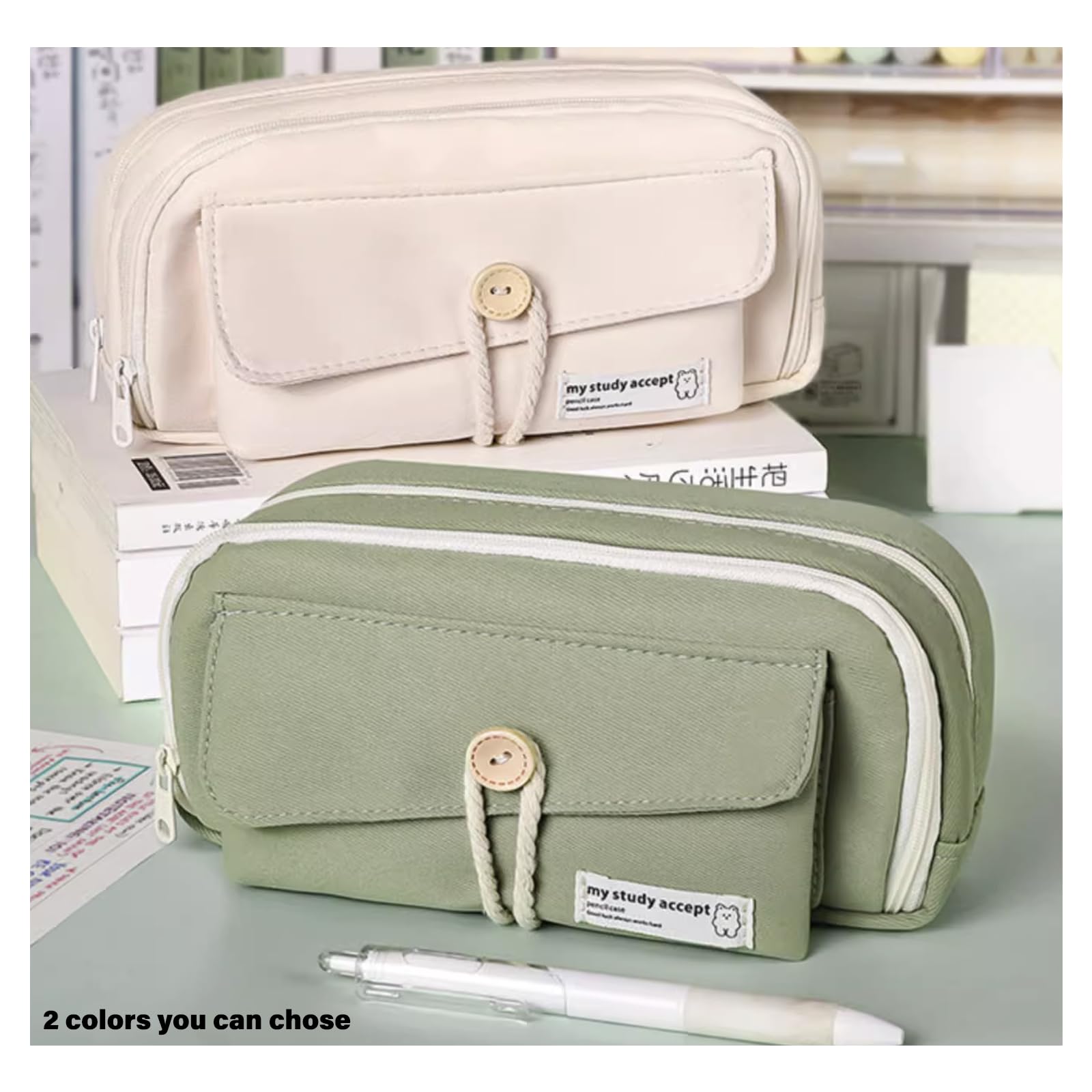 Krdrgey Beige Pencil Case, Large Capacity Study Pouch Bag with Two Compartments, Portable Soft Canvas Easy Carry for Library and Travel Makeup Organizer, Elegant Aesthetic Study Supplies (green)