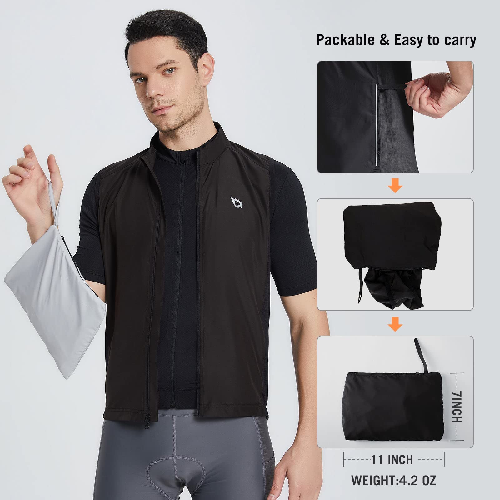 BALEAF Men's Sleeveless Cycling Vest Windproof Bike Jersey Lightweight Reflective Packable Pockets Golf Running, Black XL