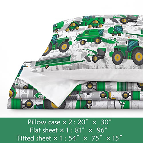 Jekeno Full Size Kids Bedding Sheet Linen Set, Excavator Car Printed Bedroom Decor Bed Sheet Set with Deep Pocket Fitted Sheet + Flat Sheet + 2 PCS Pillowcases for Children Teenager