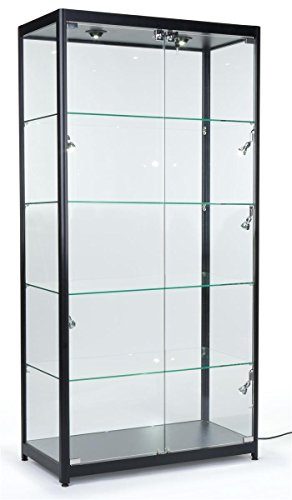Displays2go Black LED Trophy Showcase, Locking, LED Lighting, Tempered Glass, Laminated MDF & Aluminum β Black (LESC10478B)