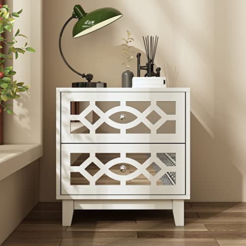 DiDuGo Nightstand with 2 Mirrored Drawers Set of 2, Wood End Table Bedside Table with Storage, Contemporary Style, Wooden Legs, for Bedroom White (18.9”W x 15.7”D x 19.7”H)