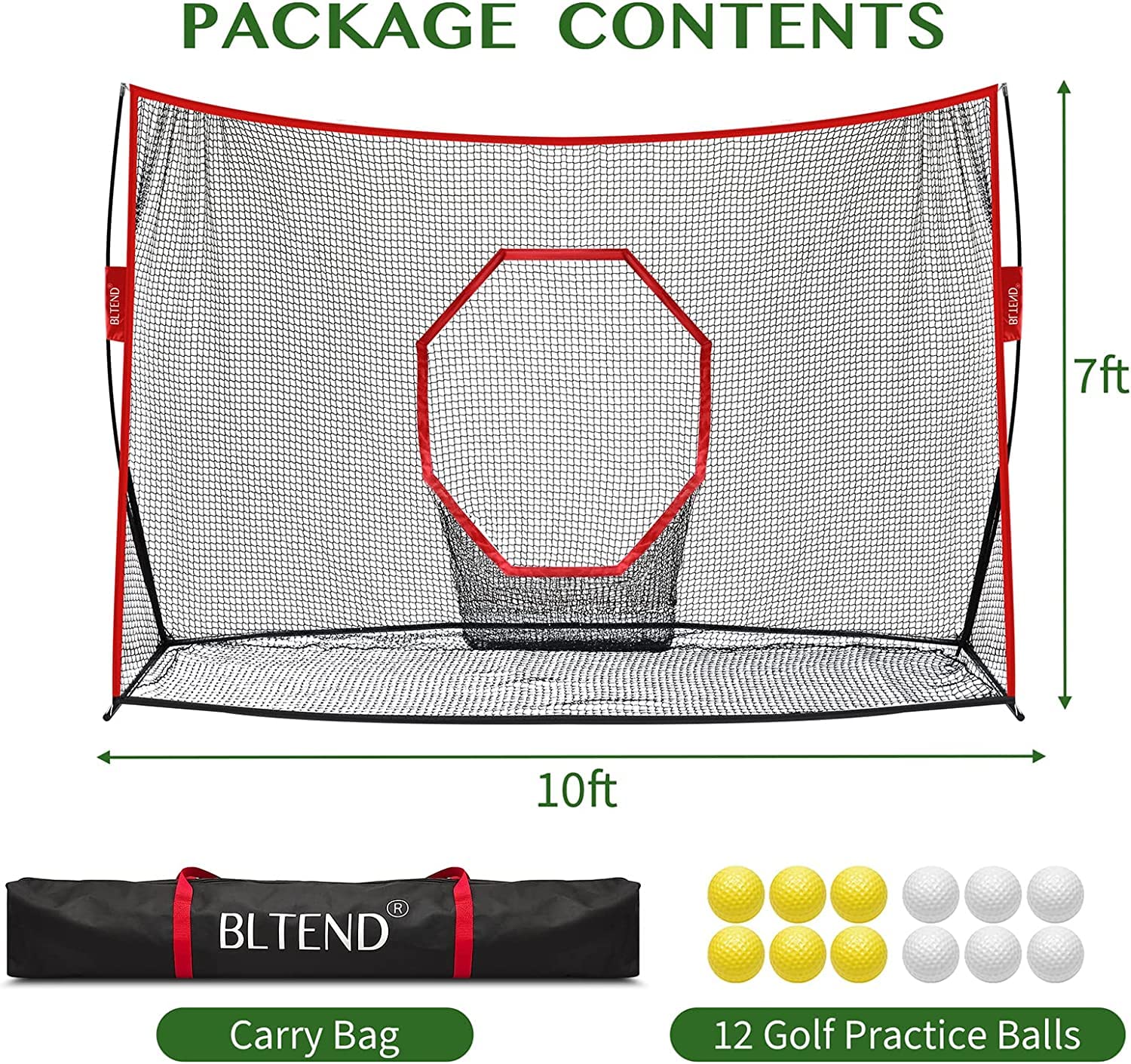 Bltend Golf Net - 10x7ft Heavy Duty Golf Practice Nets for Backyard Driving with Golf Mat, 7 Golf Tees, 8 Golf Balls, Golf Hitting Driving Net for Indoor Outdoor Use - Perfect Golf Training Equipment