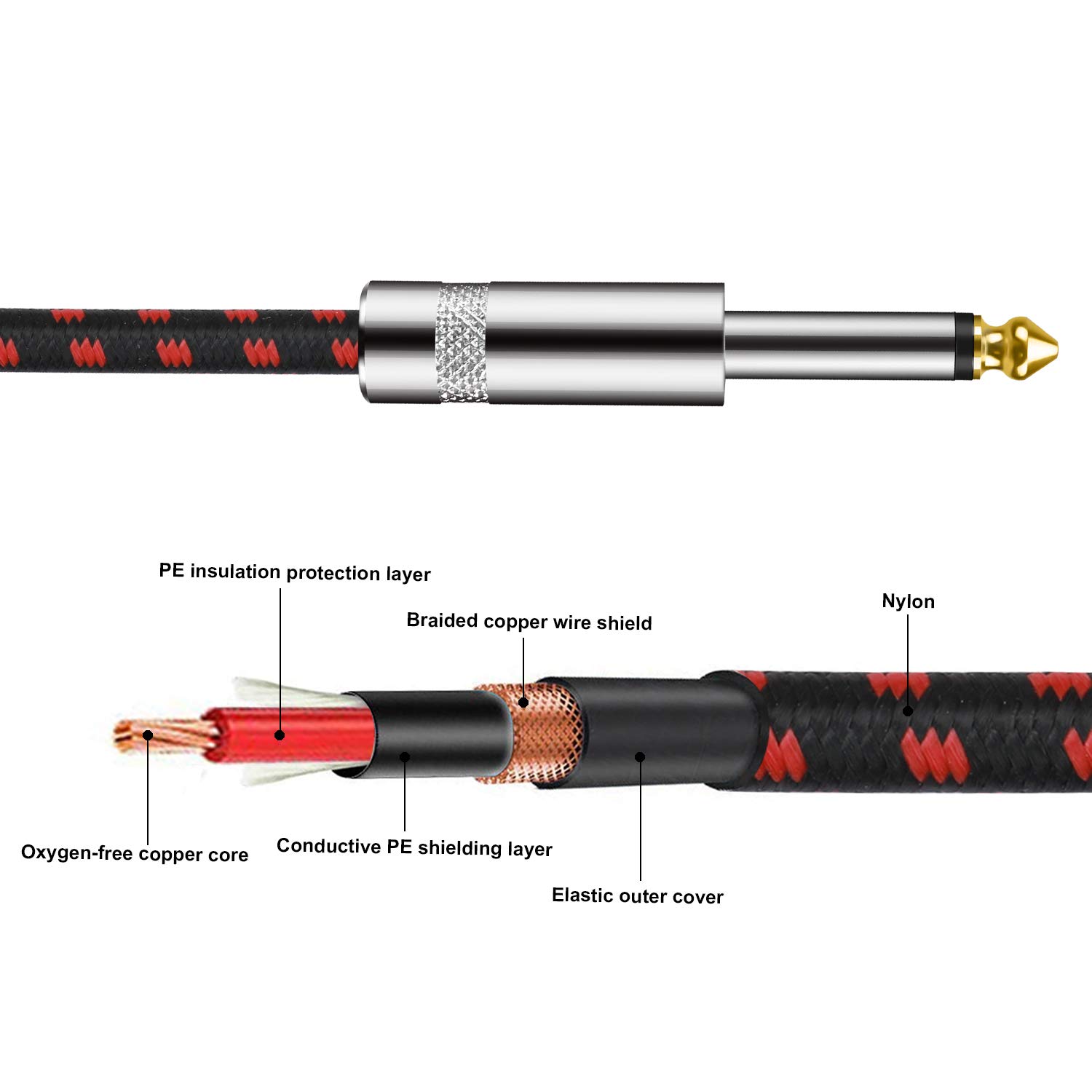 Guitar Instrument Cable 10 Foot 1/4 inch Straight to Right Angle Noise Reduction Audio Cord 6.35 mm for Electric Guitar Bass Keyboard Drum Speaker Microphone 2 Pack