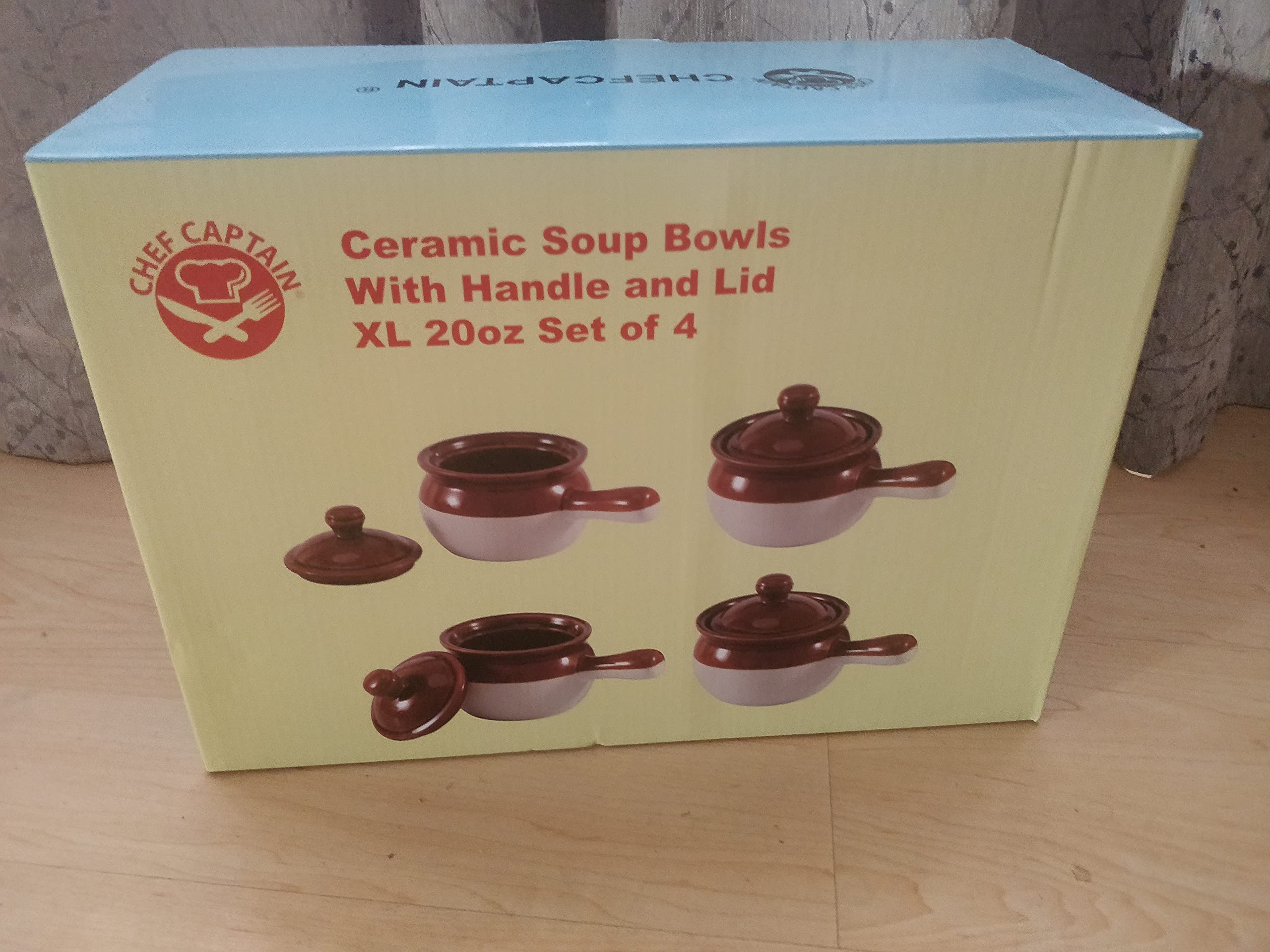 Chefcaptain Ceramic Soup Bowls, Soup Bowls With Handles High-Grade Ceramic Chili Bowls With Sturdy Handles And Lids, Stoneware Bowls French Onion Soup Crocks XL 22OZ (Brown Cream)