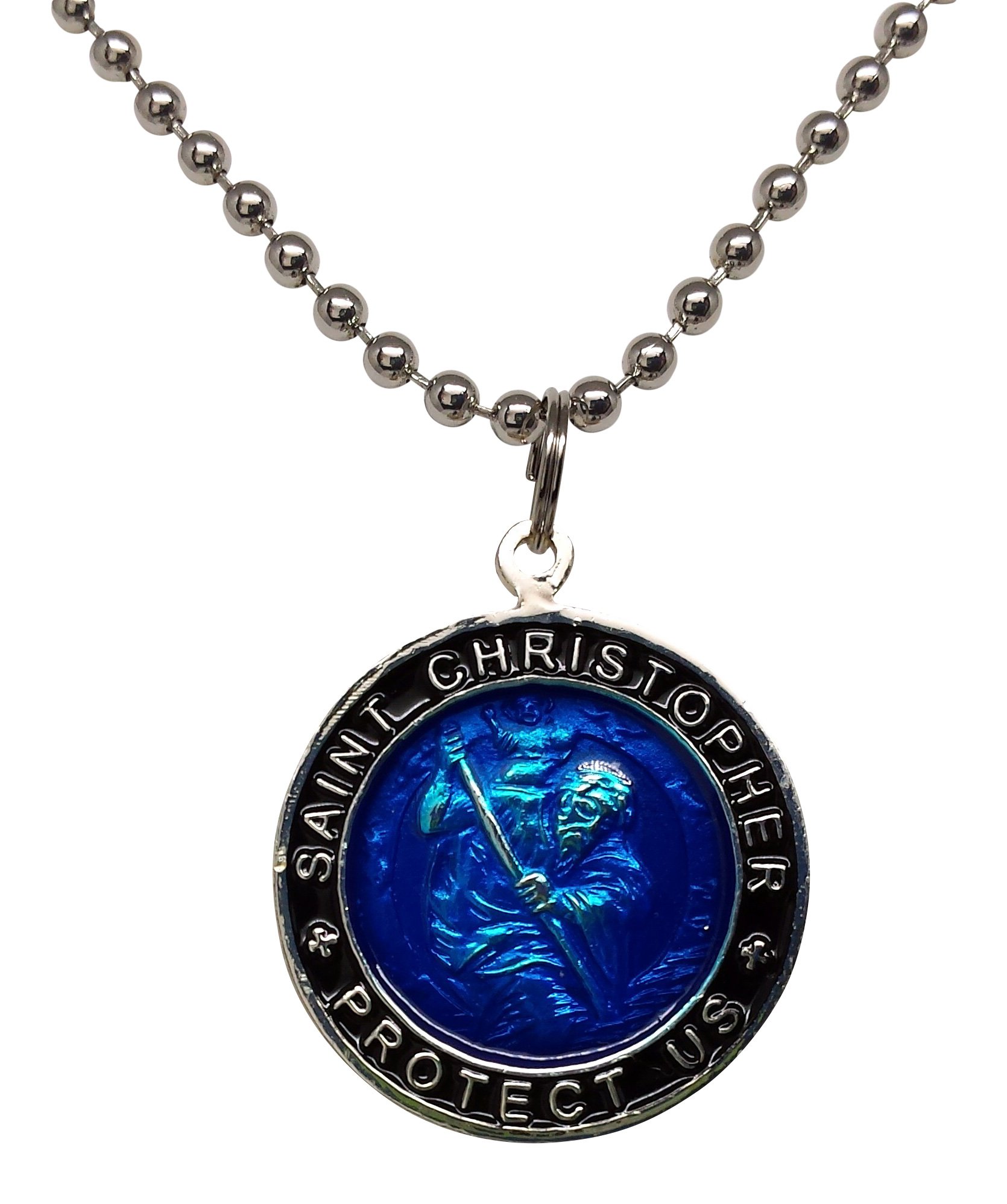Baja Billys Ocean Creations St. Christopher Surf Necklace, Large Pendant, Royal Blue with Black Rim, 23 Inch Ball Chain