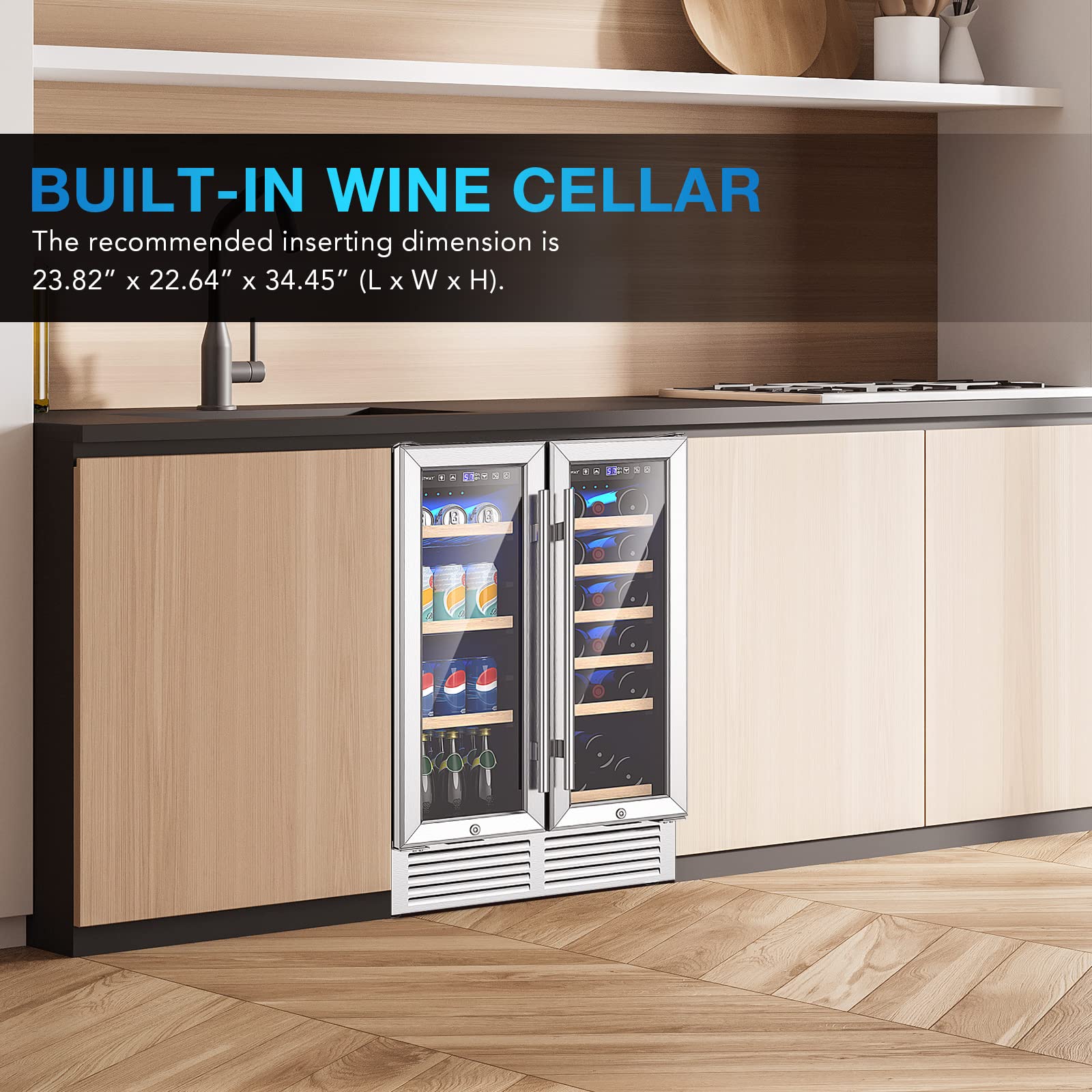 CHEFJOY Beverage and Wine Cooler Refrigerator, Dual Zone 2-in-1 Wine Fridge Cellar w/Independent Temperature Control, LED Lights, 18 Bottles & 57 Cans, Quiet Operation, Freestanding or Built-in